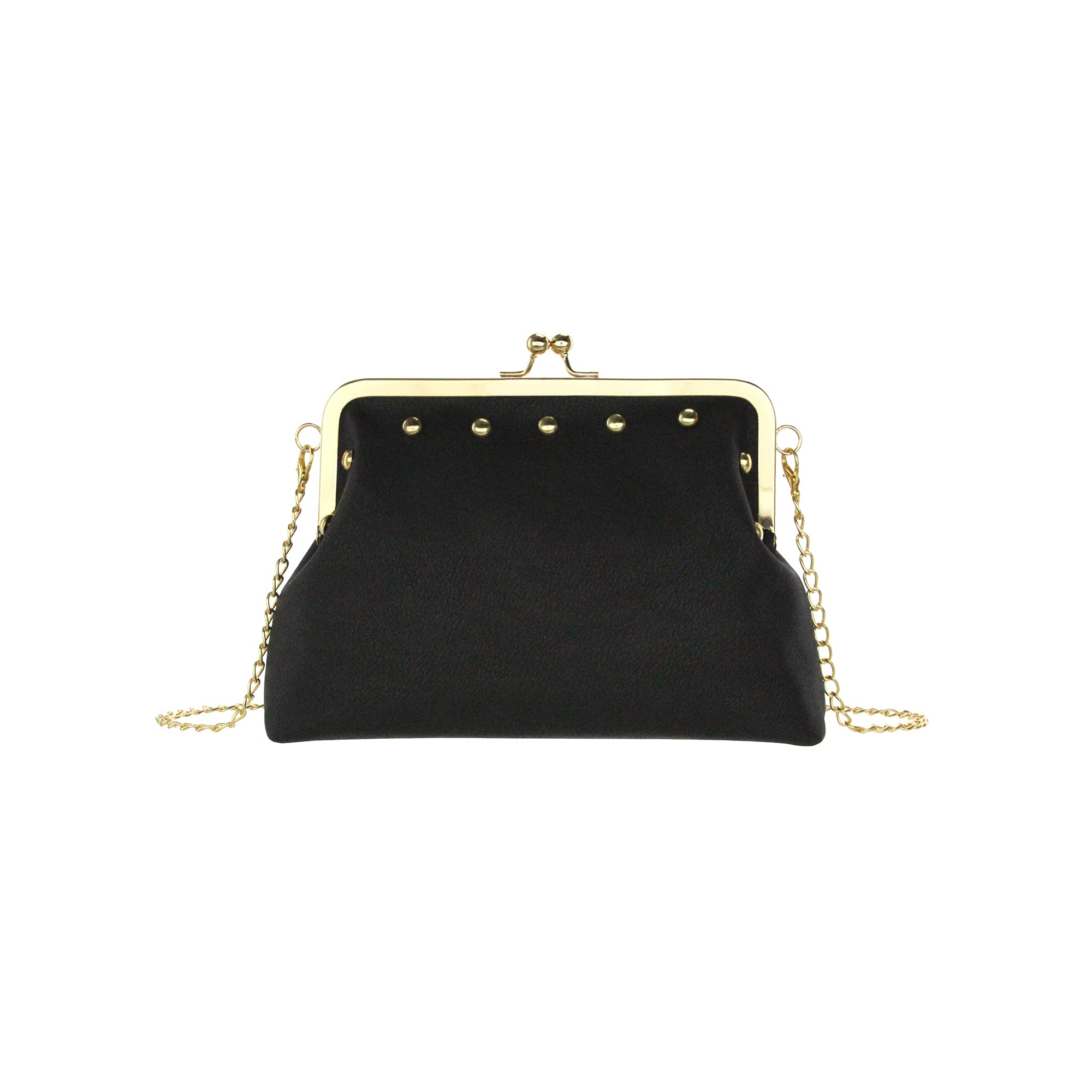 Olivia Miller Women's Fashion PU Leather Evening Bag Black Elegant Formal Crossbody Handbag Wedding Prom Party Clutch w Kiss Lock Closure n Detachable Chain