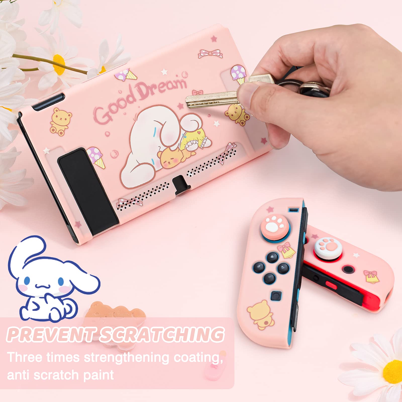 DLseego Dockable Protective Case for Switch, Newest Pattern Cover with Anti-Scratch and Shock-Absorption Design Hard Cover with 2 pcs Thumb Grips – Pink Sleepy Rabbit