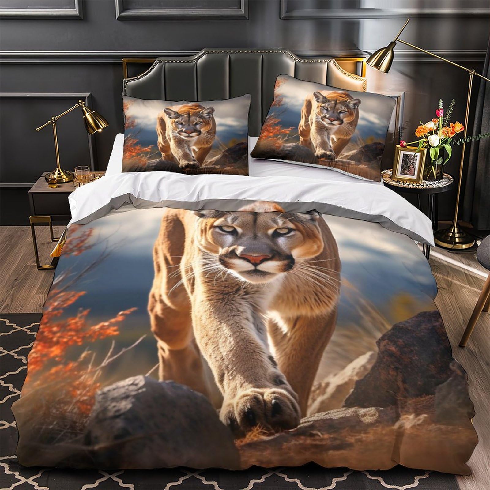 BUKISA Mountain Lion Duvet Cover Set Soft Microfiber Bedding Set Breathable Cougar Quilt Cover with Hidden Zipper Closure and Comforter Cover Sheet Pillowcase Queens(228x228cm)