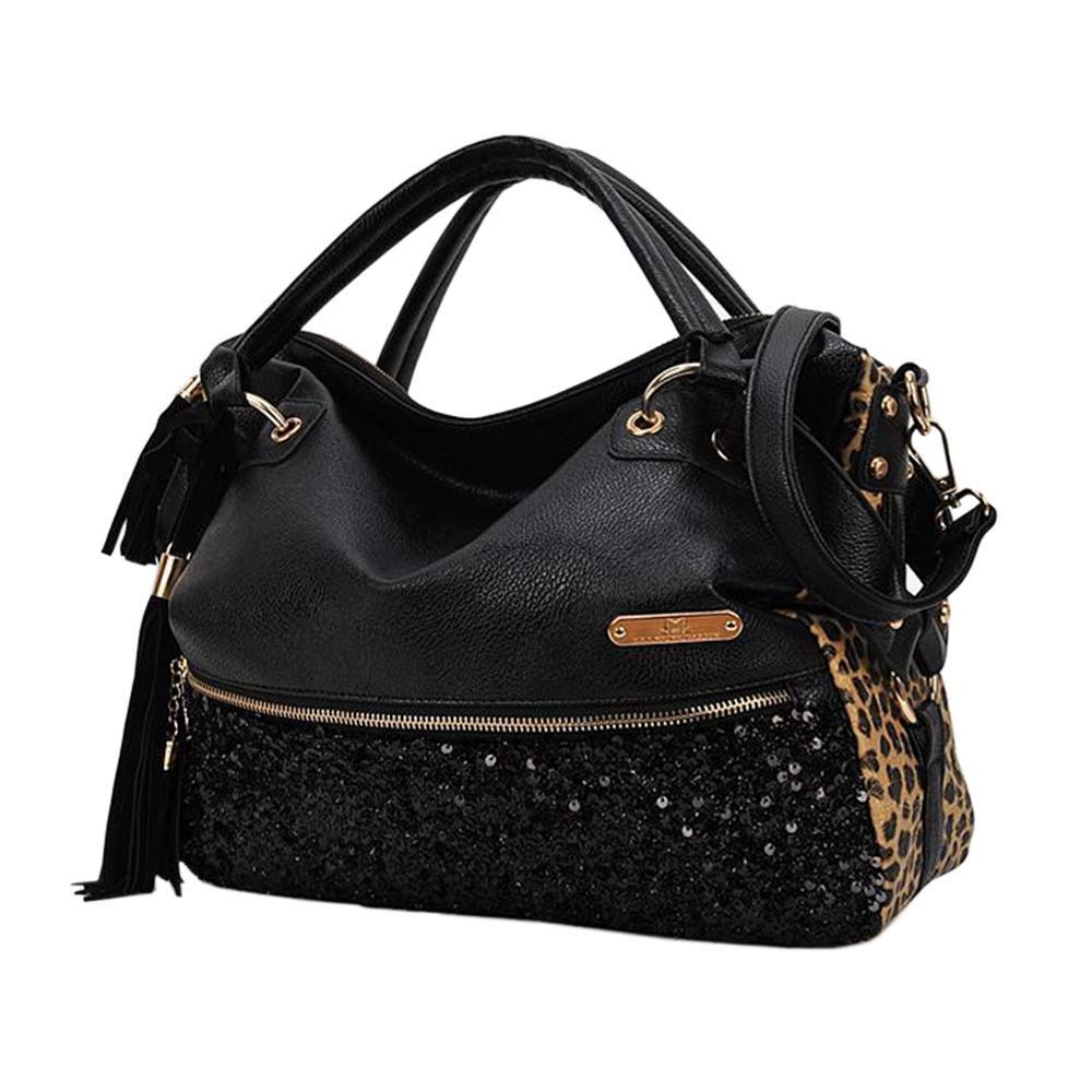 Cayla Women Leopard Print Shoulder Bag Totobag Large Hobo Purse with Tassel (Black)