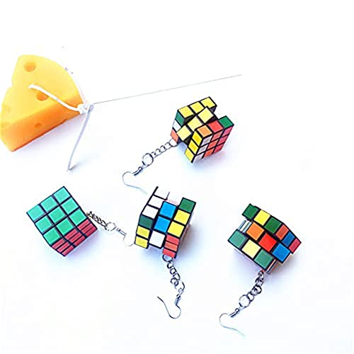 ANXIN Mini Simulation Colorful Real Magic Cube Dangle Earrings Necklace Puzzle Cube Creative Cartoon Funny Earrings for Women Girls (Colorful Real Magic Cube Earrings)