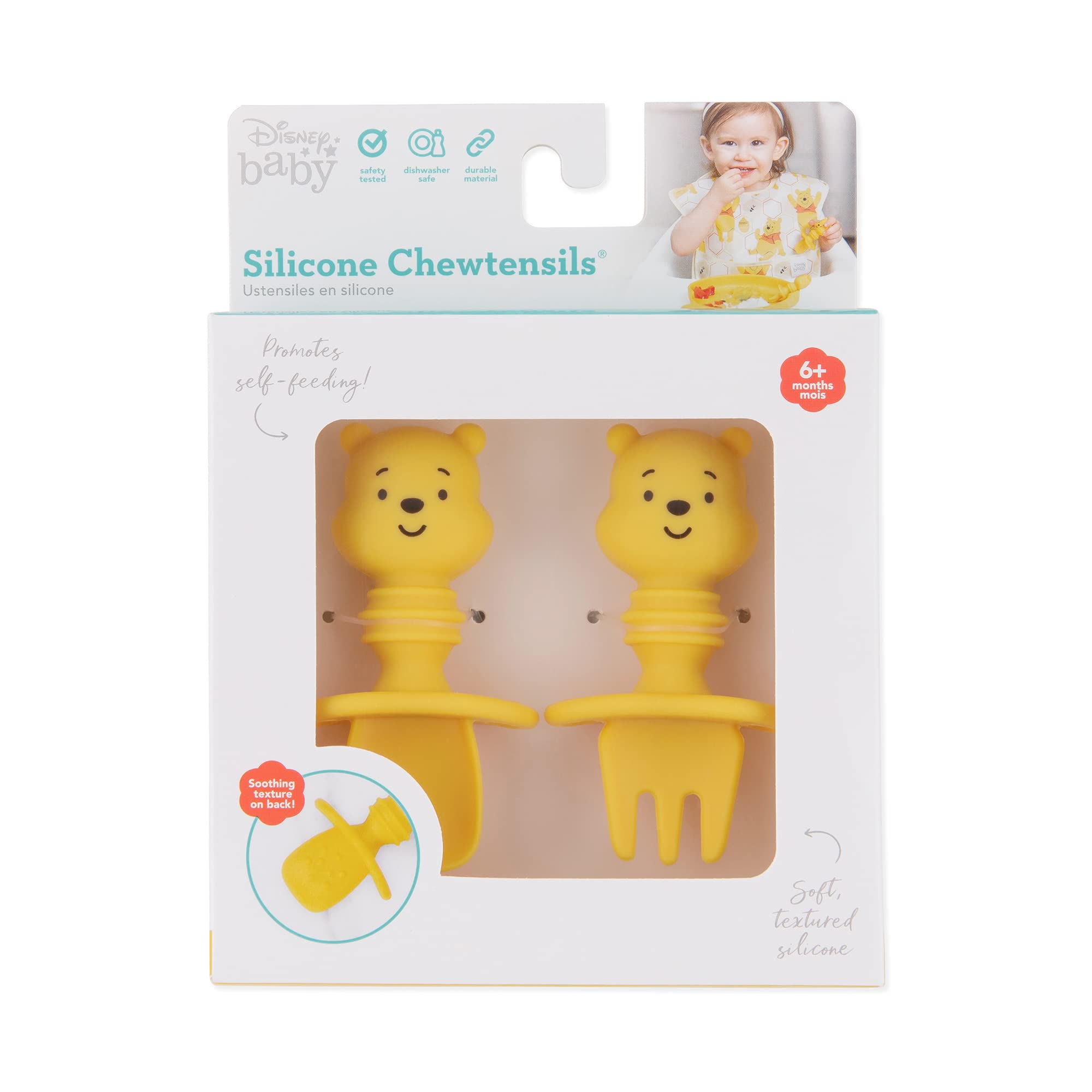 Bumkins Disney Baby Utensils Set, Chewtensils Silicone Spoons for Dipping, Self-Feeding, Baby Led Weaning, Trainer Learning First Stage Stage Eating, Fork and Spoon, Babies 6 Months, Winnie the Pooh