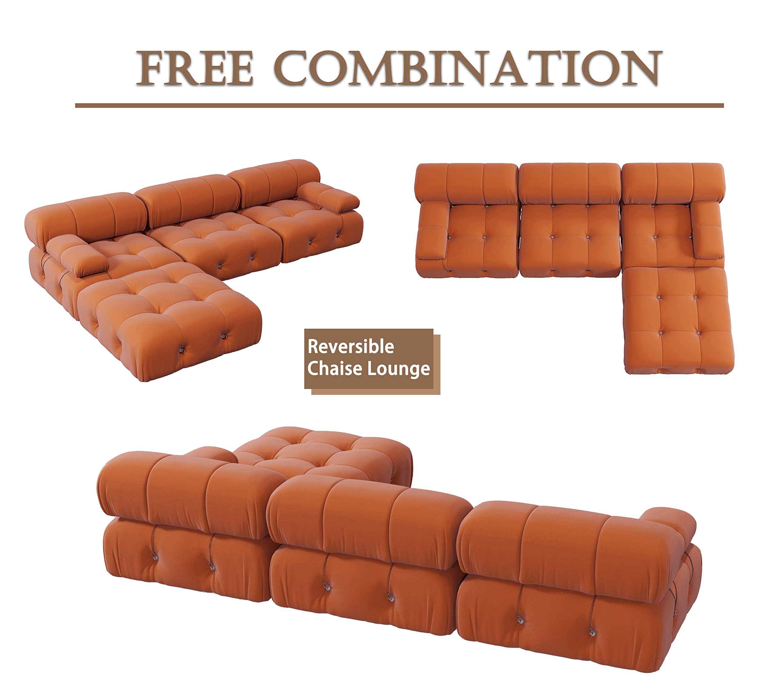 MGH Convertible Modular, Minimalist Couch with Ottomans, L-Shaped Velvet Sofas Couches, 4-Seat Sofa Couch Sectional with Reversible Chaise for Living Room (Orange)