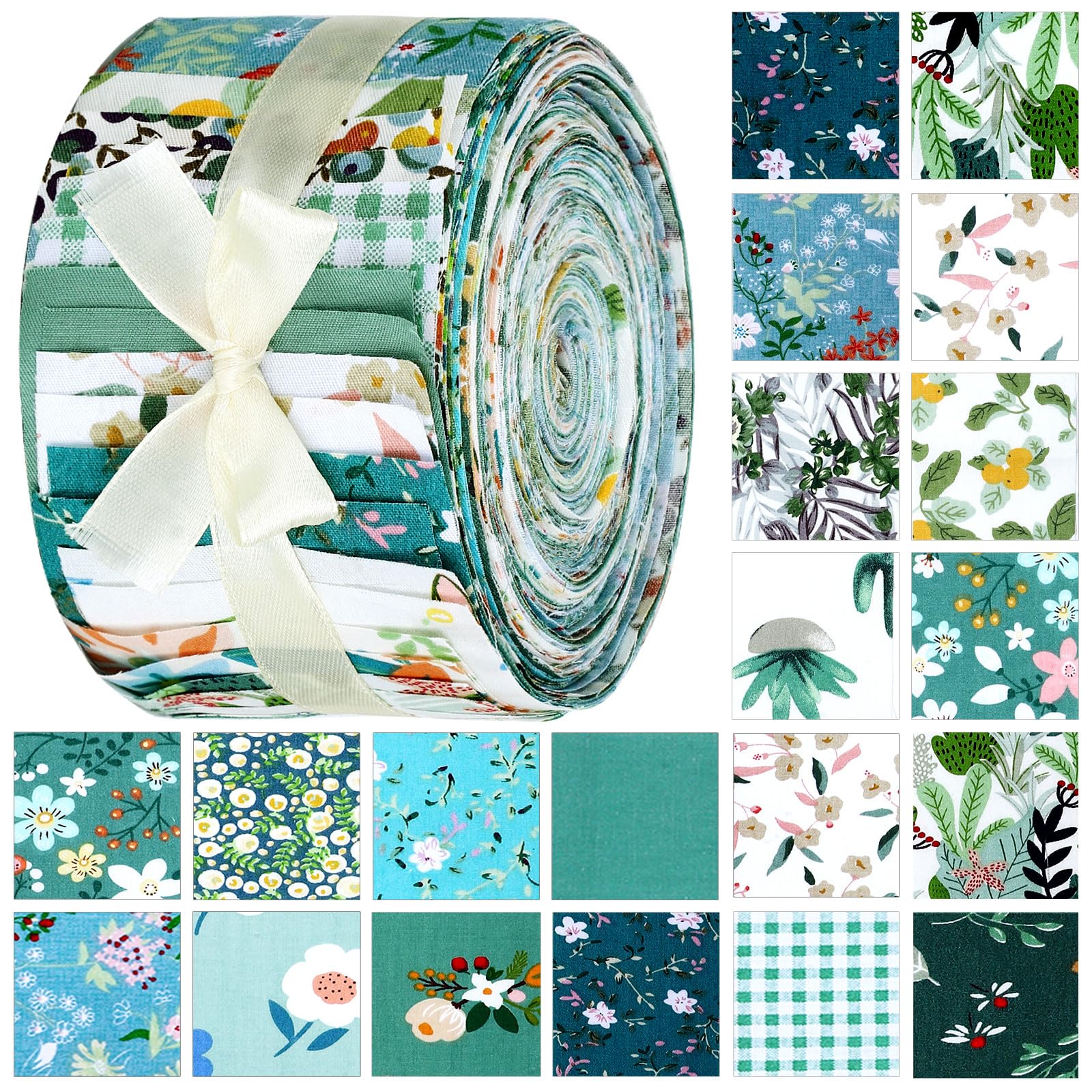 Kingdder 70 Pcs Floral Cotton Fabric Patchwork Roll 2.55 x 39.4 Inch Cotton Quilting Fabric Roll up Cotton Fabric Quilting Strips Precut Patchwork Roll for Craft Sewing DIY Crafts(Green Flower)