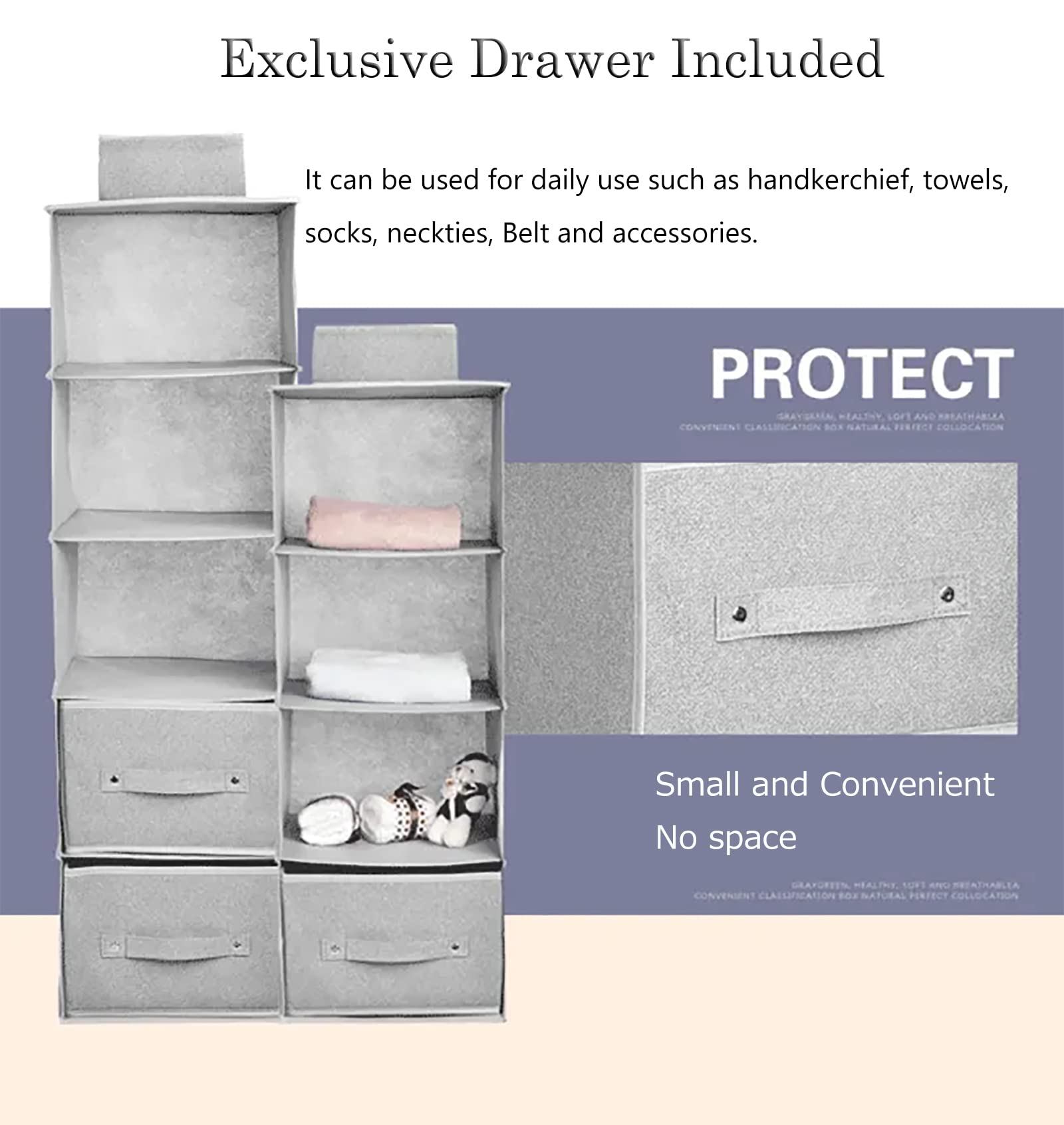 Hanging Closet Organizer with Drawer,Easy Mount Foldable 3-Shelf Closet Hanging Storage Shelves for Clothes Handbag Shoes Accessories Storage,Space Saver,Gray