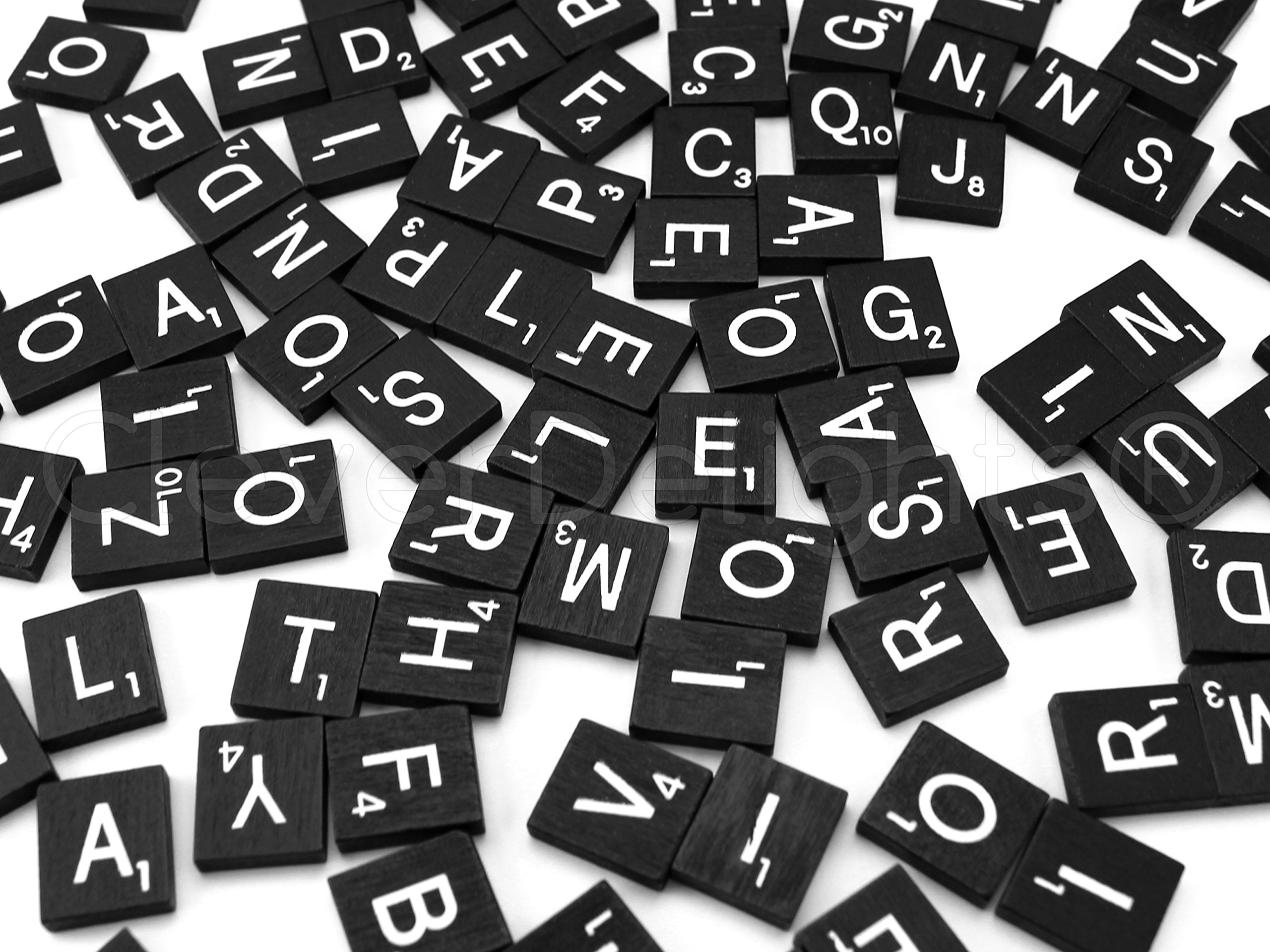 CleverDelights 100 Wood Letter Tiles - Black Color - Complete Set - Game Replacement Pieces