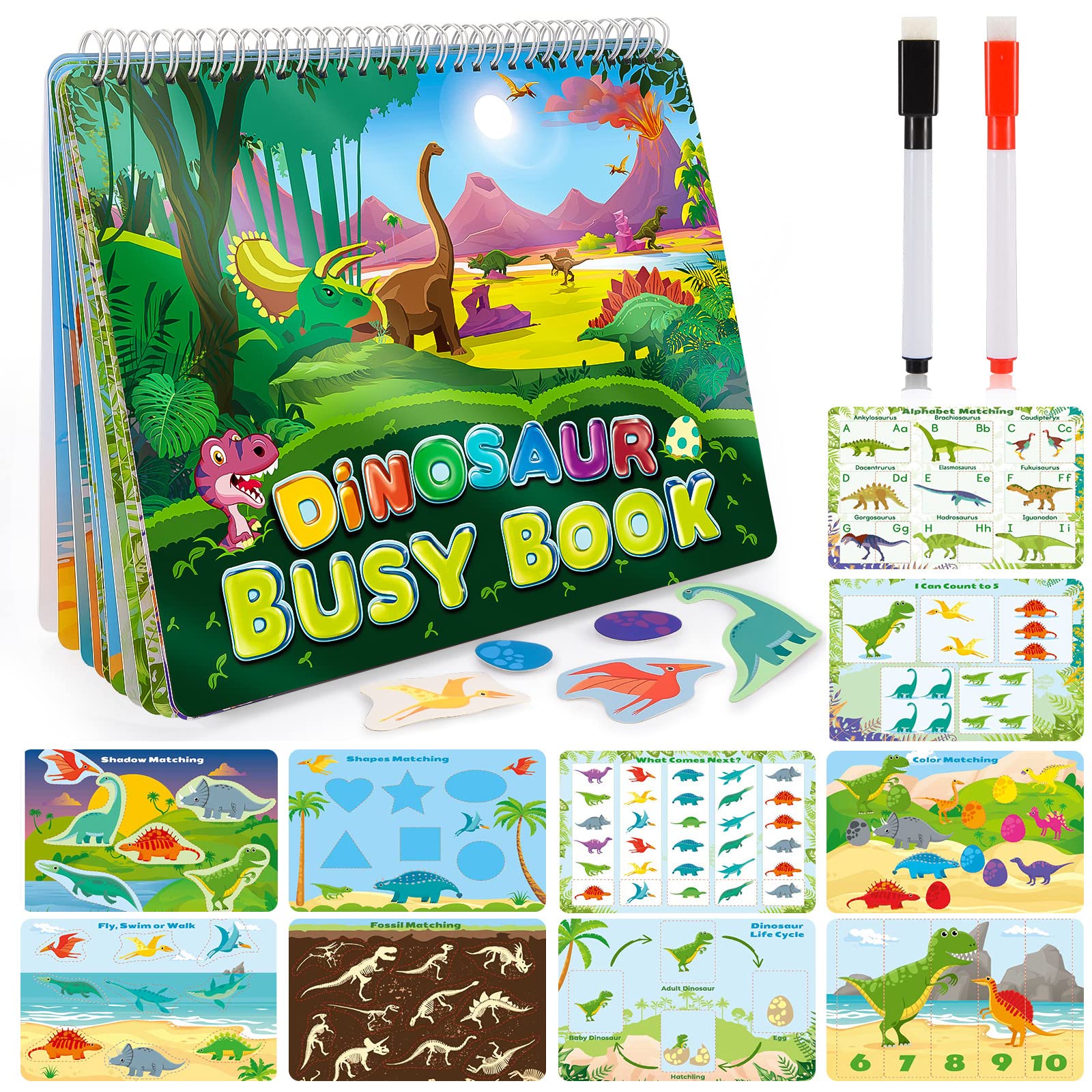 Dinosaur Toys for Kids 3-5, My Preschool Busy Book Montessori Toys for 3 4 5 6 7 Year Old Boys Girls Preschool Learning Homeschool Activities Ideal Christmas Birthday Gifts for Kids Ages 2-4 5-7