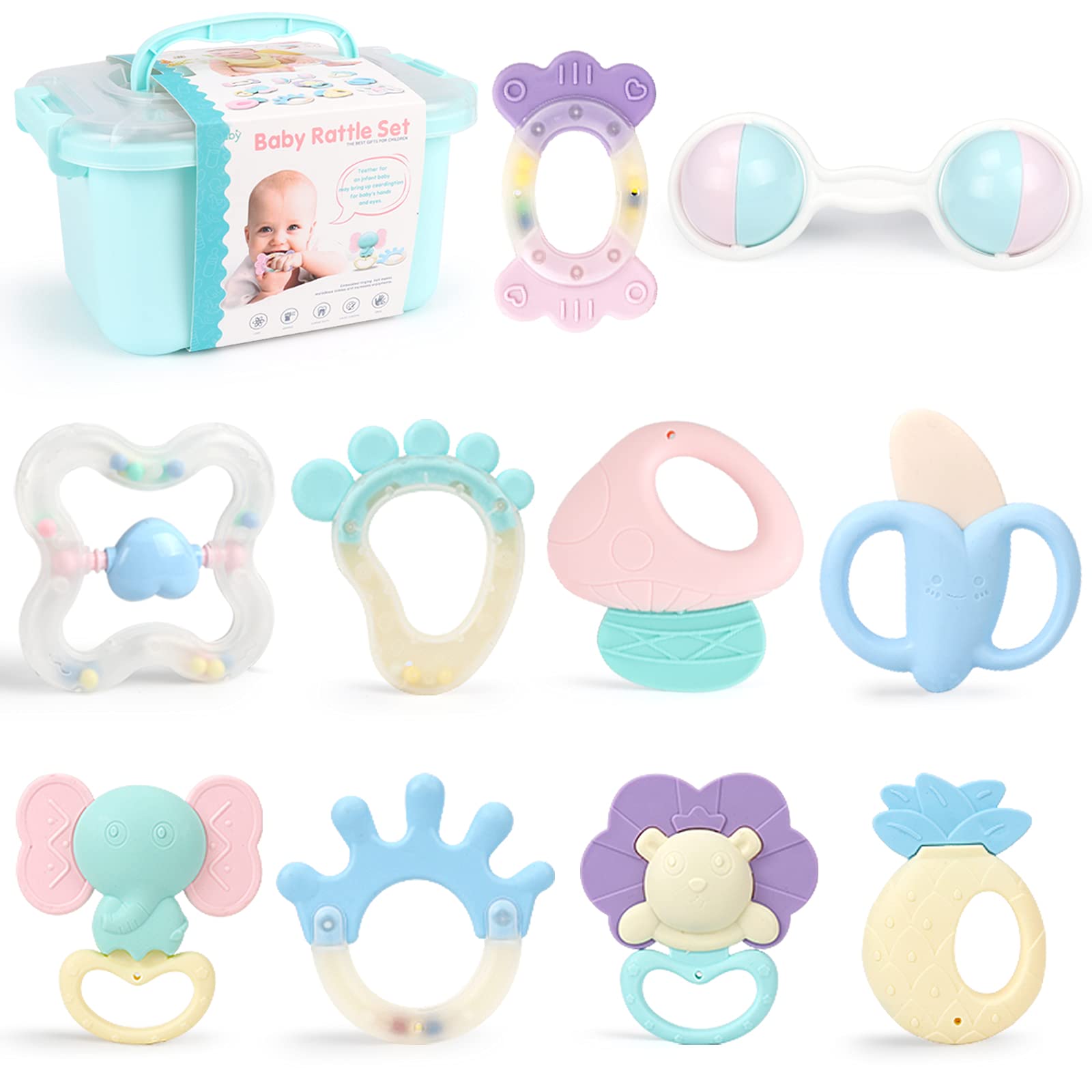 DOUBFIVSY Baby Rattle Teething Toys for Babies 0-6-12 Months, 10PCS Grab Spin Rattle Shaker Early Educational Toys with Storage Box, Soothing Teether, Baby Toys 6 to 12 Months Infant Newborn Baby Gift