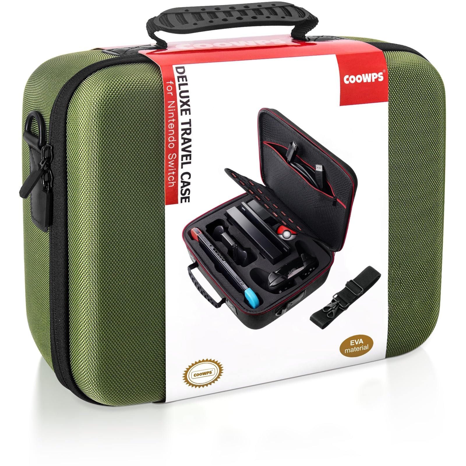 COOWPS Switch Case Compatible with Nintendo Switch and Switch OLED Model, with 21 Switch Games Card Slots, Portable Full Protection Travel Bag for Switch Console Pro Controller Accessories Green