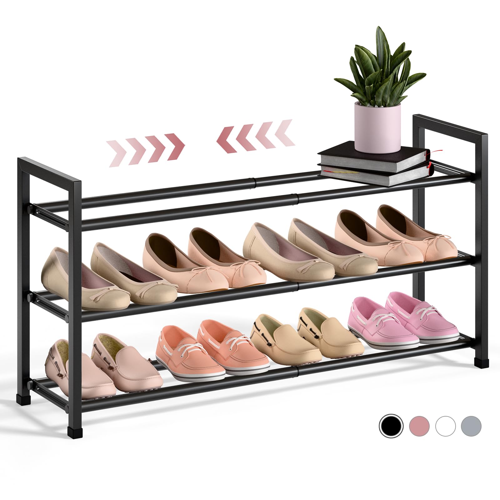 Bumusty 3-Tier Expandable Shoe Rack for Closet, 18β-33β Adjustable Shoe Rack for Small Space, Small Shoe Organizer for Front Door, Sturdy Metal, Black