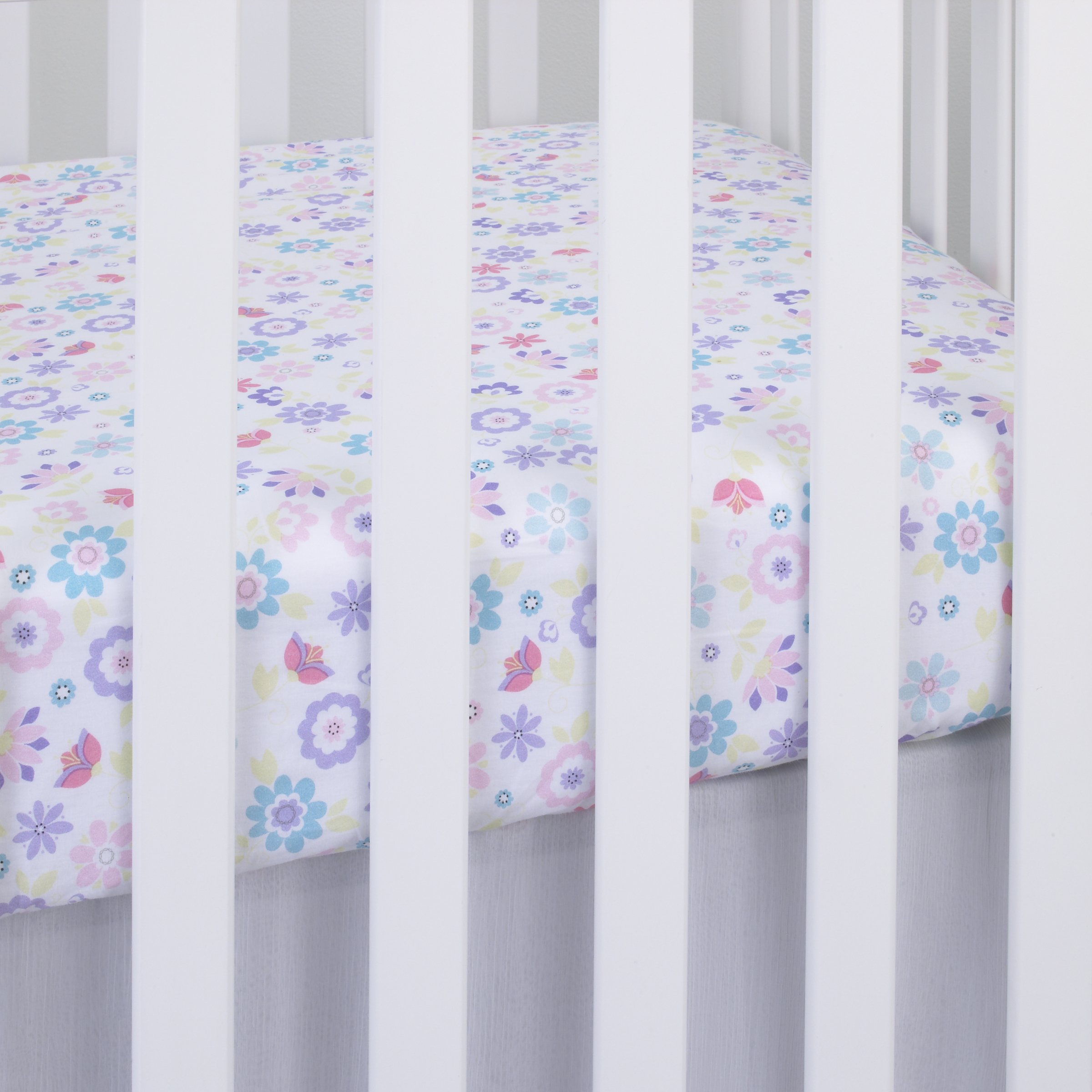 NoJo 100% Cotton Fitted Crib Sheet, Multi Floral, Lavender/Aqua/Pink/Yellow