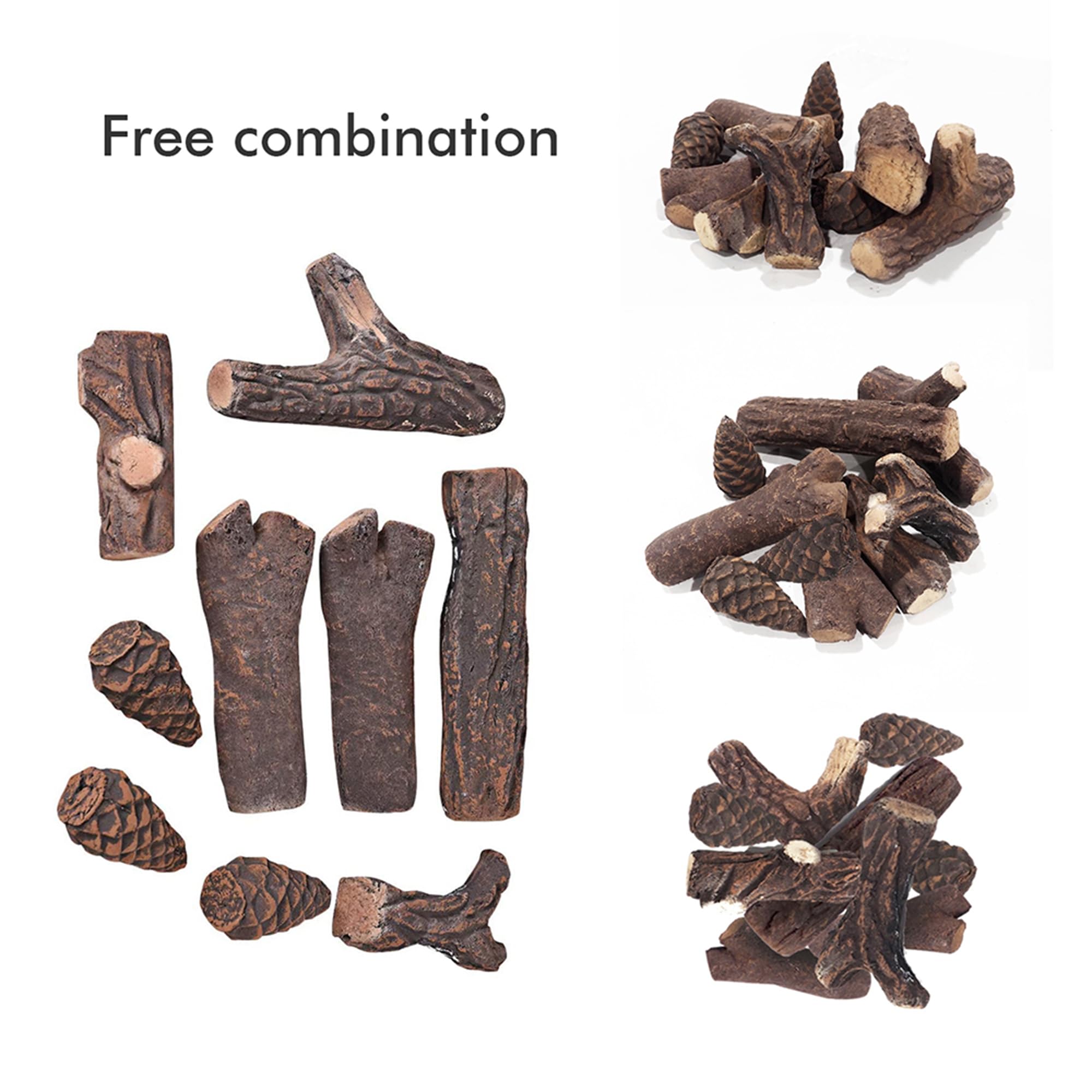Gas Fireplace Logs Set of 9, Fireplace Logs Ceramic Wood Decoration for Gas Ethanol Firewood Log Set Hand Crafted Pine Cone Wood Use in Indoor, Outdoor