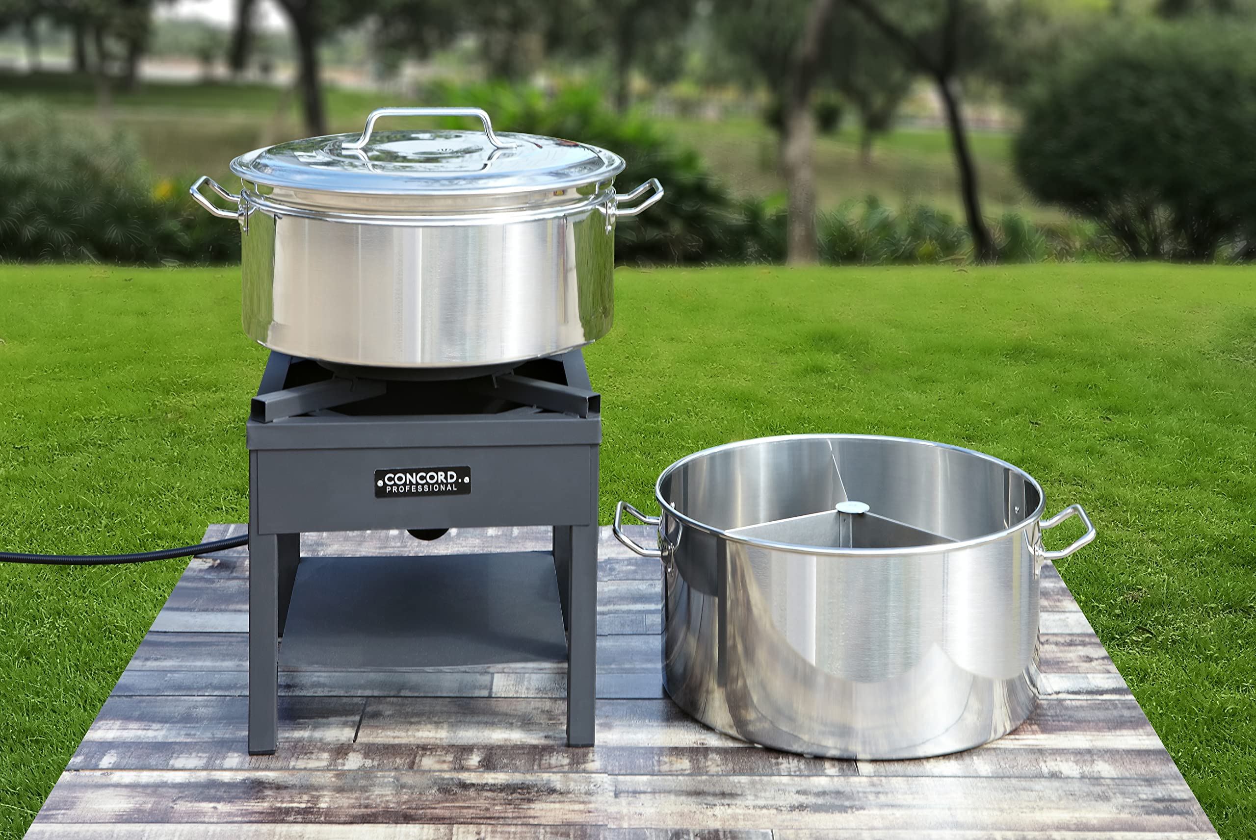 CONCORD Extra Large Outdoor Stainless Steel Stock Pot Steamer and Braiser Combo. Great for steaming oysters, crab, crawfish and more (40 QT)