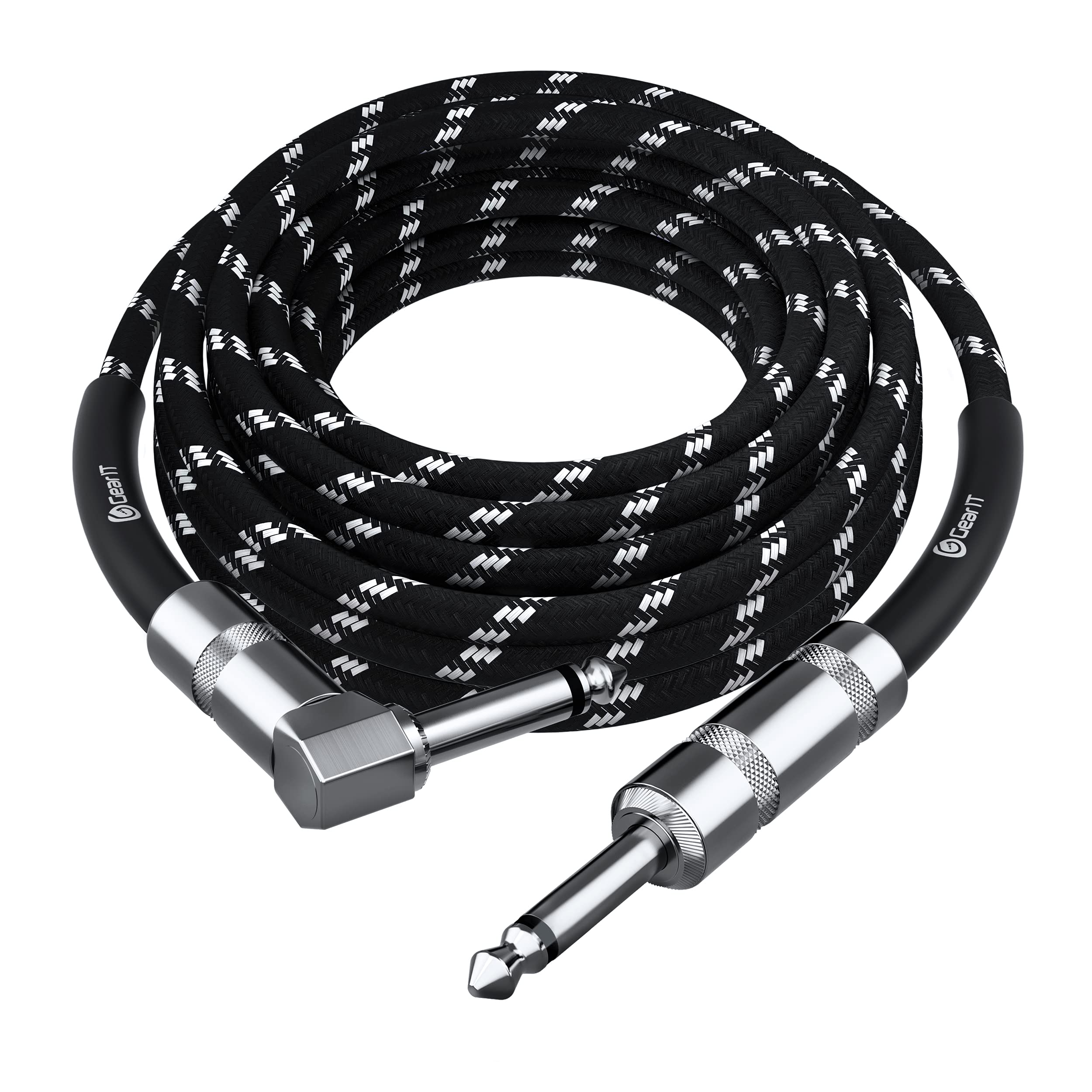 GearIT Audio Instrument Cable (20ft) Right Angle to Straight 1/4 Inch Male to Male for AMP Cord, Base and Electric Guitar - Black/White