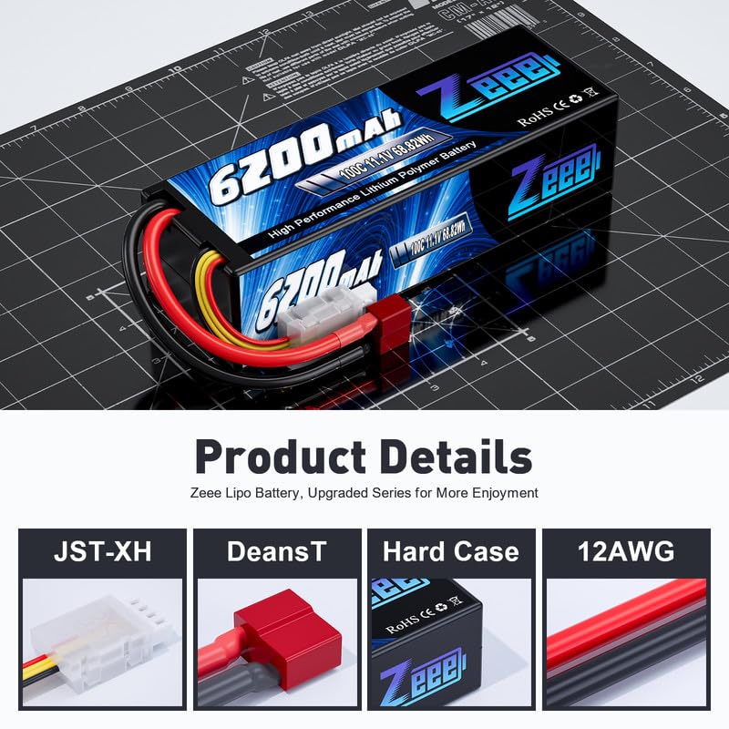 Zeee 3S Lipo Battery 6200mAh 11.1V 100C Hard Case RC Battery with Deans T Connector for 1/8 1/10 Scale Vehicles RC Car Tank Trucks Boats(2 Pack)