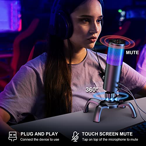 Aokeo USB Gaming Microphone, PC Computer Condenser Mic with Gain,RGB Light for Recording,Podcasting,Streaming,YouTube, Twitch,Skype,Compatible with PS5 PS4 Mac Laptop Desktop(Black)
