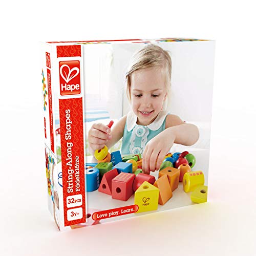 Hape String-Along Shapes | Classic 32 Piece Wooden Block Stacking Game, Multi-Colored Lacing Toy