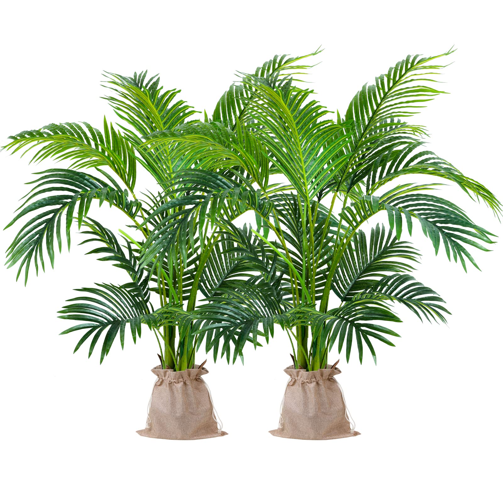 Worth Garden 4ft Artificial Areca Palm Plant 2 Packs in Pot, Fake Cane Palm Silk Tree Indoor Outdoor, Dypsis Lutescens, 47in Lifelike Faux Silk Plant Home Decor, Two Linen Bags & 20g Dry Moss Included