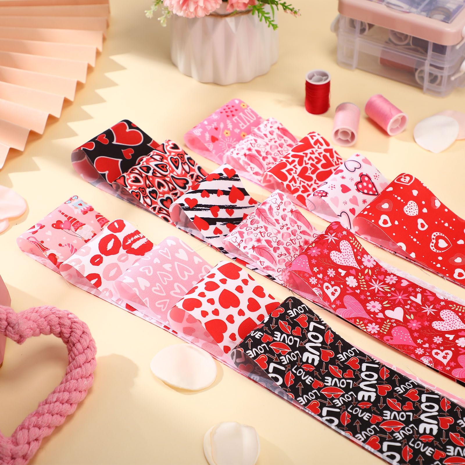 Buryeah 75 Pcs Valentine's Day Fabric Roll 2.5 Inch Red Heart Precut Fabric Quilting Strip Holiday Prints Fabric Bundle for Quilting Cloth Patchwork Sewing DIY Craft, 15 Styles