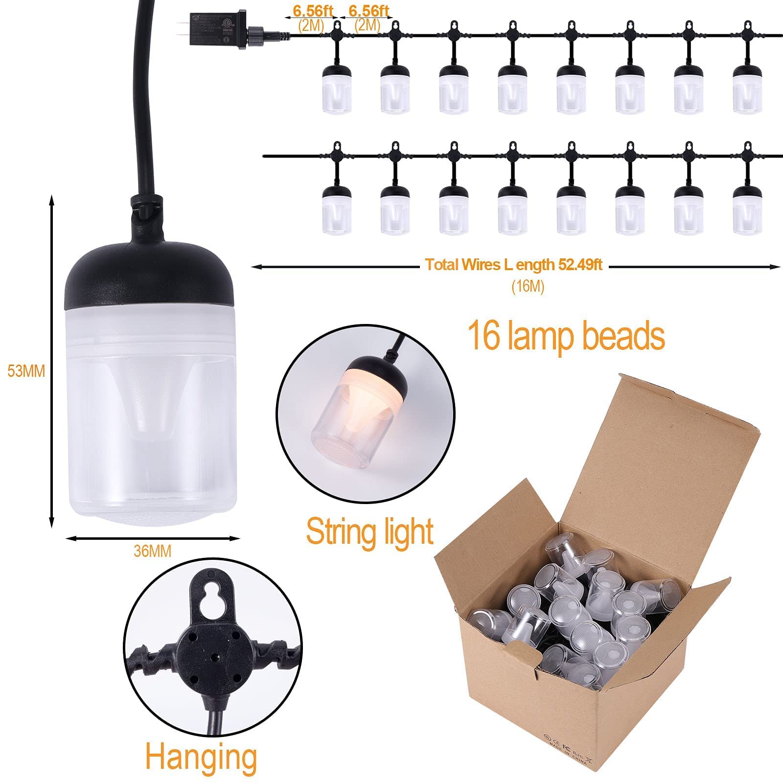 DREAMARK String Lights Indoor Outdoor 52 FT Weatherproof LED Bulbs Strings with 8 Lighting Model 16 Warm White Shatterproof Bulbs for Patio Garden Bistro Wedding Backyard Festival Decoration