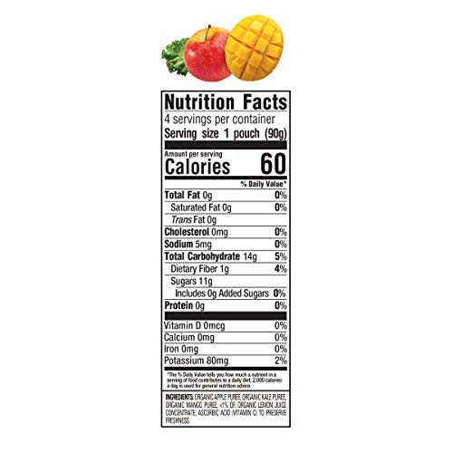 HAPPYKID Organics Organic Kid Snack, Apple, Kale, & Mango, 3.17 Ounce Pouch, Pack of 16 (Packaging May Vary)