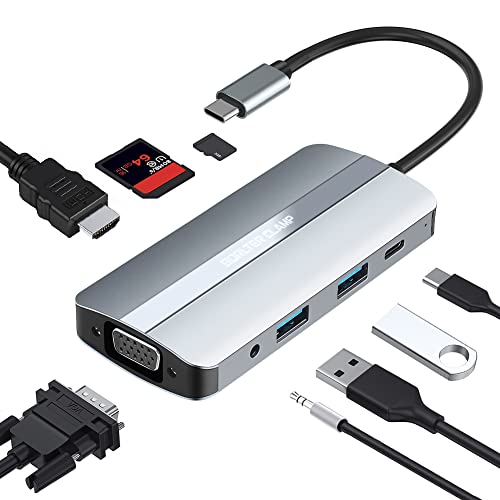 BorlterClamp USB C Hub, 8 in 1 Multiport USB C Dock USB C Dongle with 4K HDMI, VGA Adapter Port, 100W PD, USB 3.0 and USB 2.0 Port, SD/TF Card Reader, 3.5mm Audio Port for MacBook, XPS, and More