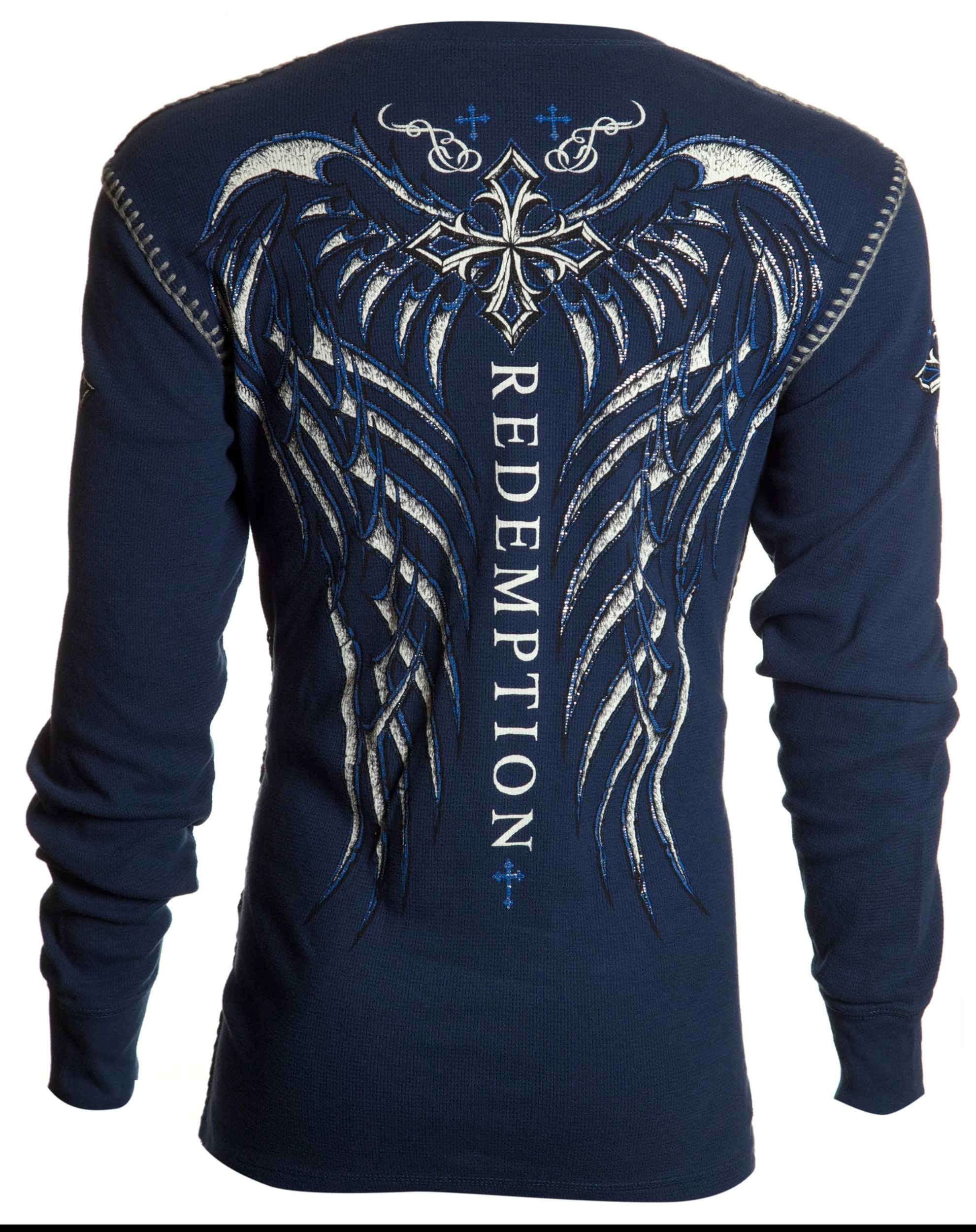 Archaic by Affliction Men's Thermal Shirt Spine Wings Navy M