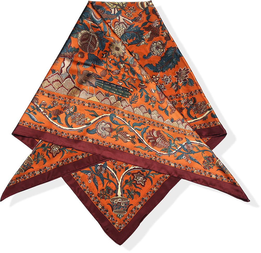 corciova Large Lightweight Women Square Designer Silk Scarf Shawl Pashmina Wrap 53 x 53 Safety Orange Burgundy Florals