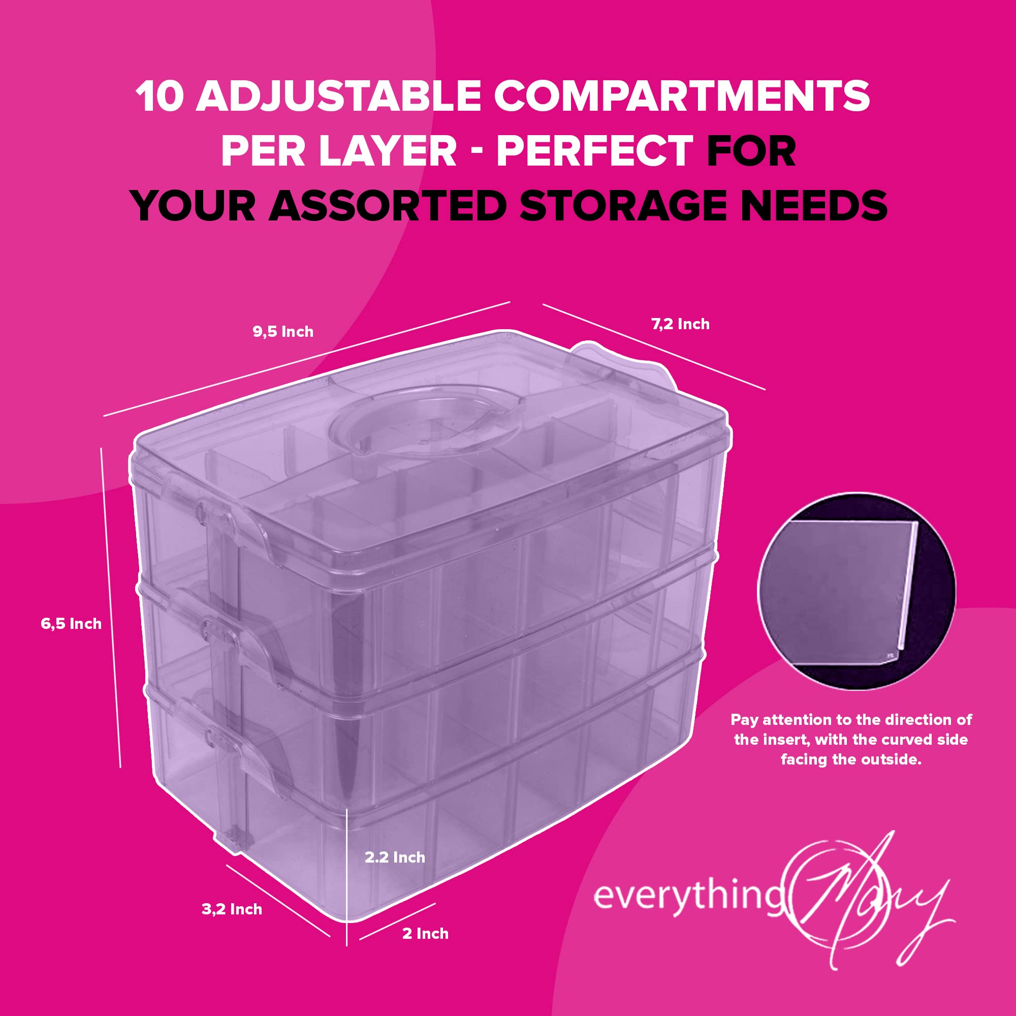 Everything Mary Stackable Storage Container, Purple - Portable Organizers with 30 Compartments - Three Tier Plastic Box with Handle