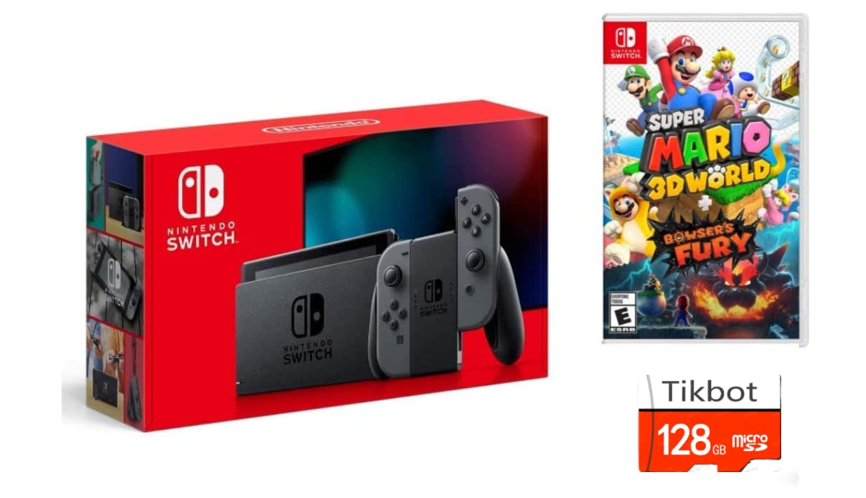 Newest Nintendo Switch Bundle: Gray Joy Con - HAC-001(-01), Super Mario 3D World + Bowser's Fury Game, and Micro SD 128GB