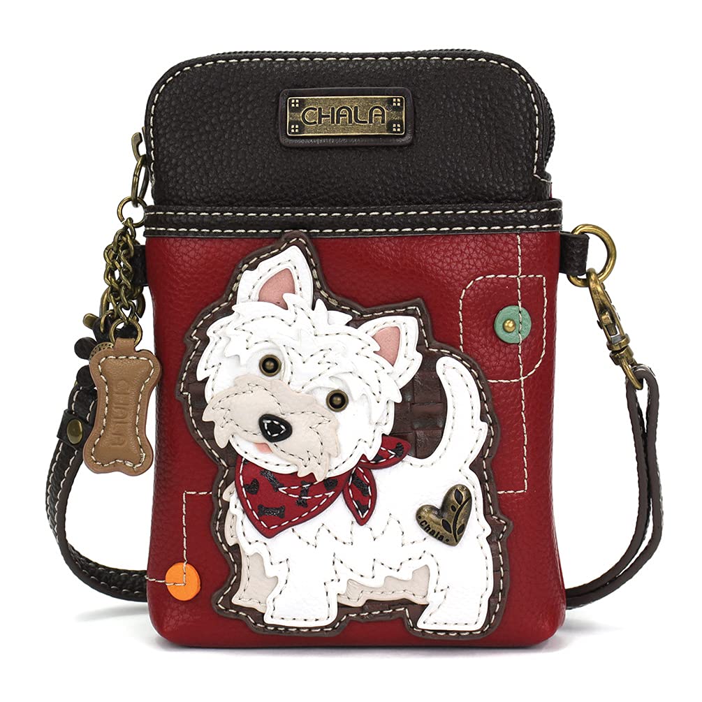Chala Group Dog CellPhone Crossbody Handbag, Dog Mom, Chala Westie Highlander Terrier Lovers Cross-body Phone Purse with Adjustable Straps (Red and Black -Westie)