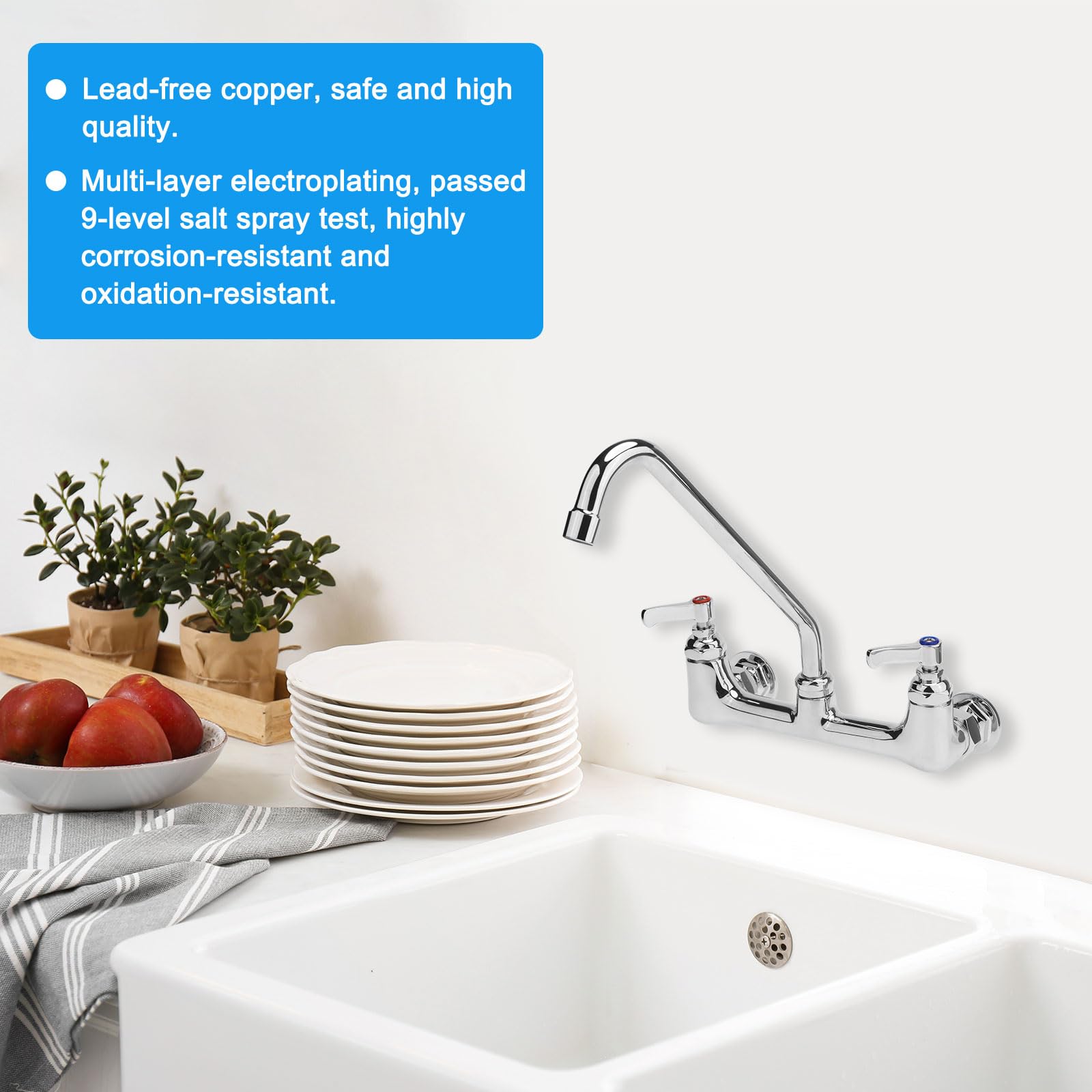 uxcell Kitchen Sink Faucet Wall Mount, Commercial Kitchen Sink Faucet 8 inch Center with 8" Swivel Spout for Compartment Sink, Chrome