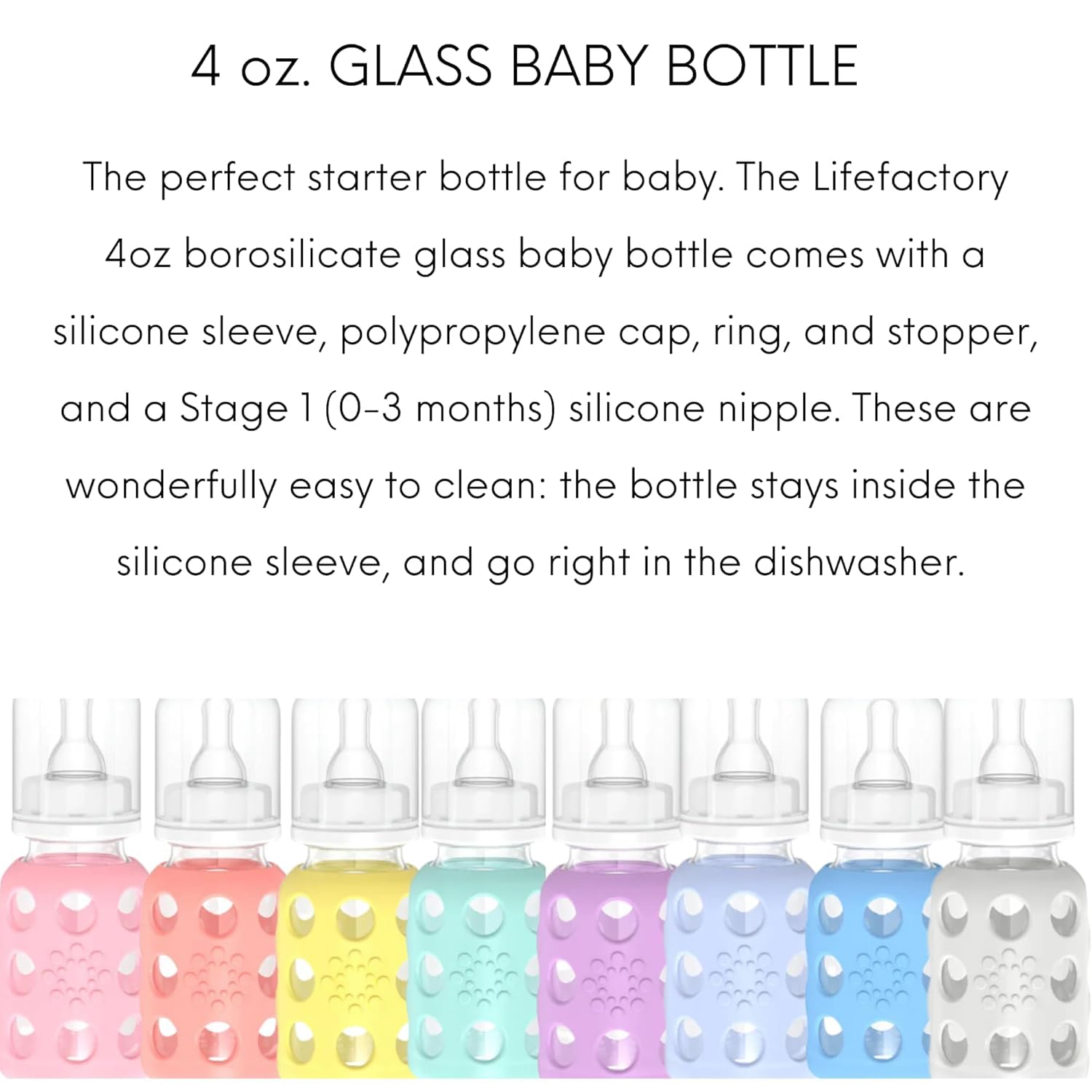 Lifefactory Glass Baby Bottles with Silicone Protection - 4-Pack, 4 oz Each Bottle (2- Lavender, 1- Mint & 1- Cantaloupe)