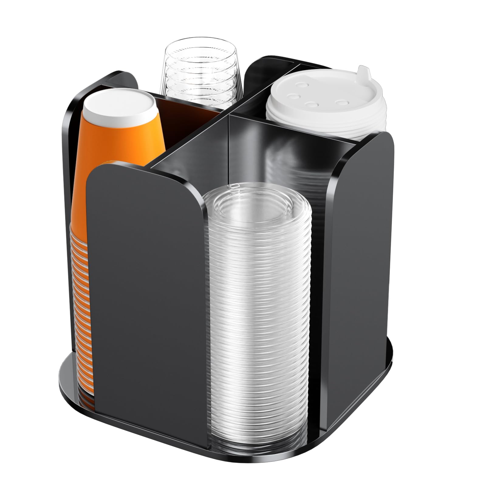 Beego Coffee Cup Holder Organizer - Rotatable 4 Compartments Clear Acrylic Cup Dispenser Coffee Station Cup and Lid Carousel Countertop Plastic Cup Holder Restaurant Breakroom Coffee Bar Accessories