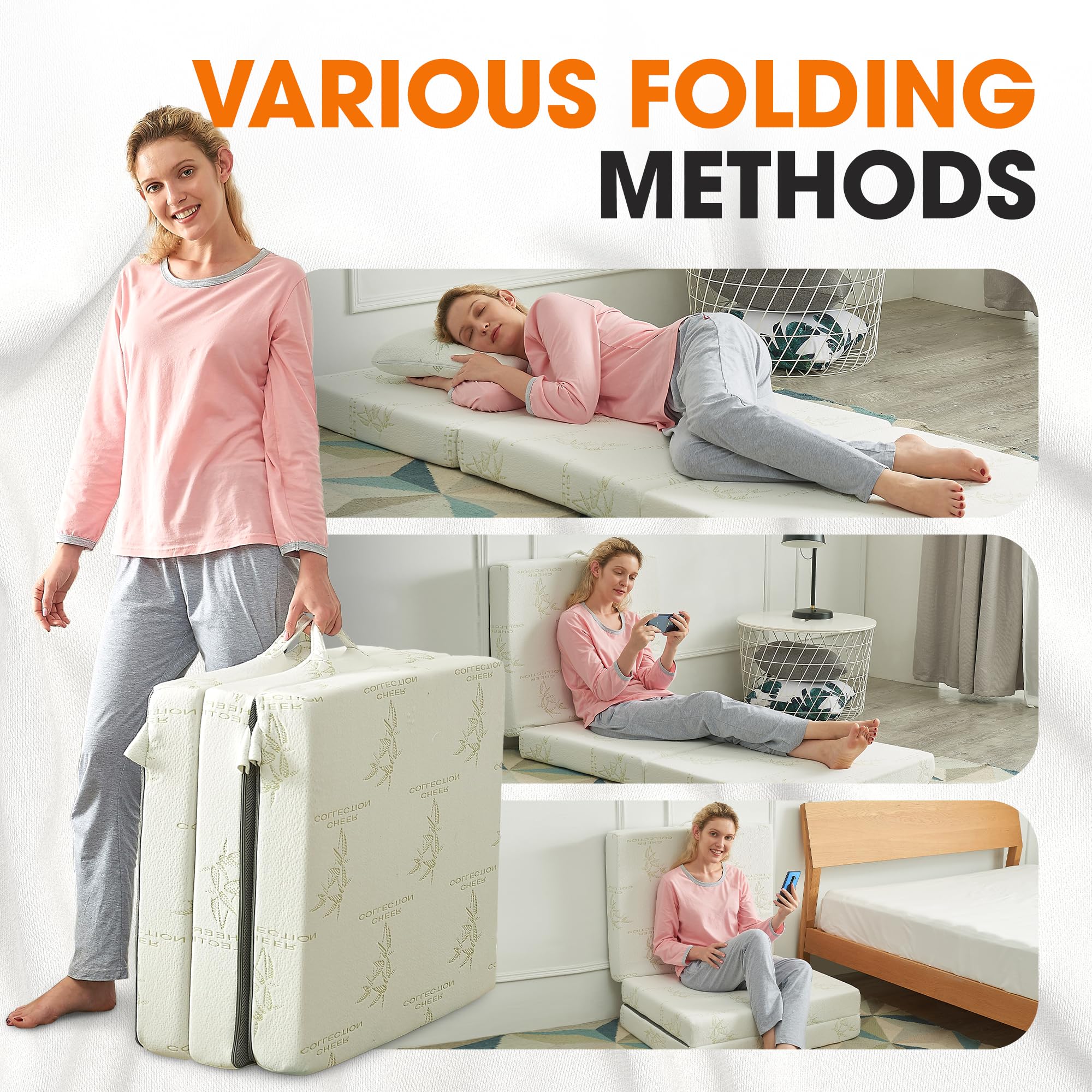 Cheer Collection Foldable Mattress - Tri Folding Mattress - Portable 4 Inch Thin Mattress for Floor - Must-Have Folding Mattress - Trifold Mattress for Sleepovers, Camping, and Guests (75"x25"x4")