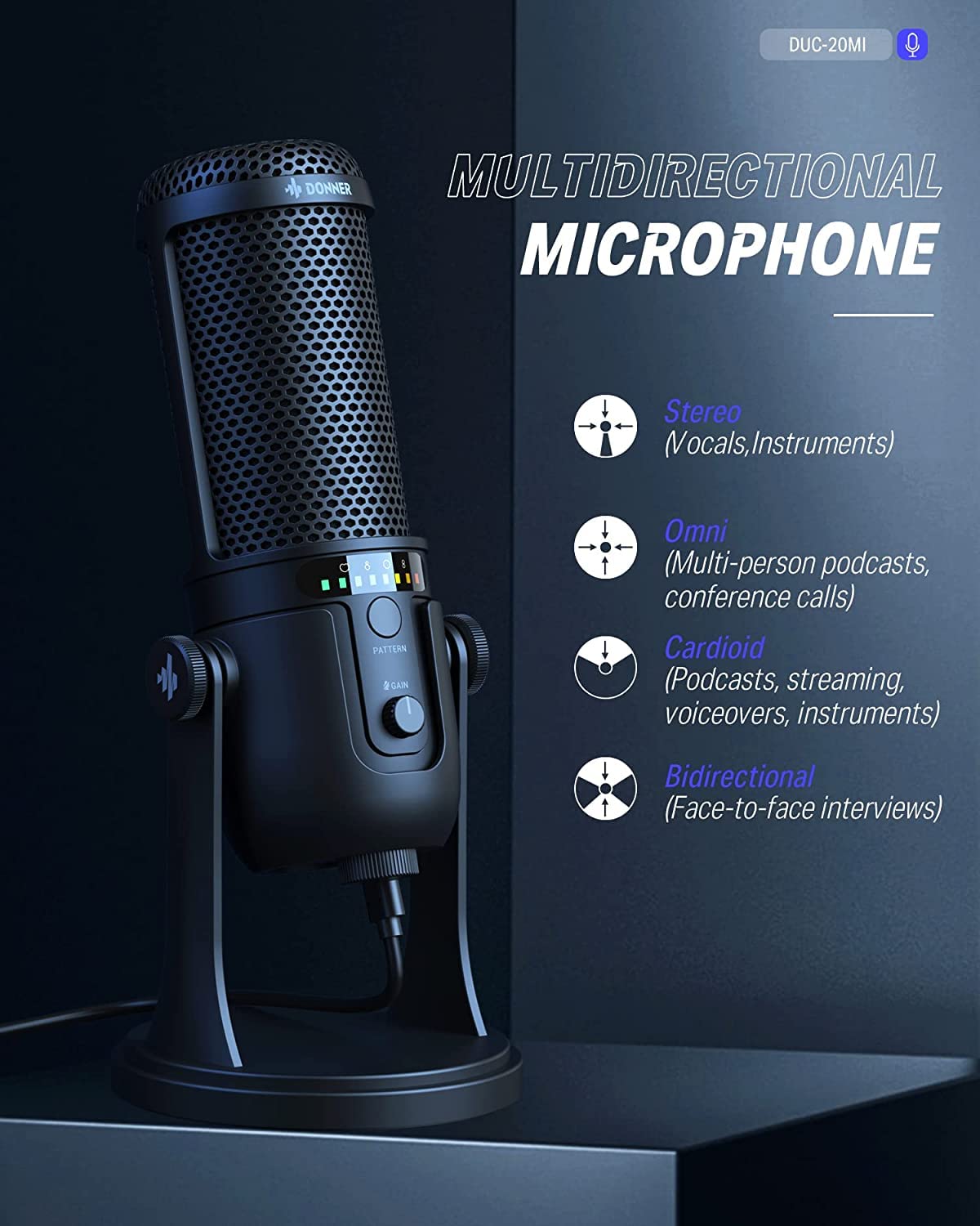 Donner USB Condenser Microphone for PC, PS4/5, USB Microphone with Instrument Interface for Gaming Recording Streaming Podcasting, 4 Pickup Patterns, Compatible with Major Live Broadcast Software