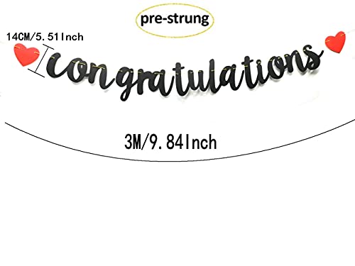 Congratulations Banner Black Letters & Red Symbol Hanging Paper Sign Decorations for Graduation, Achievement Party Celebrations, Wedding, Retirement, Bridal Shower, Shower Pre-Strung