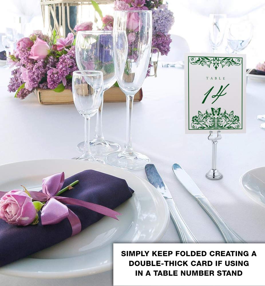 Butterfly Flourish Wedding Table Numbers (Select Color/Quantity), White, Hunter Green, 1-15, Double Sided, Tent or Use in a Stand, Great for Parties & Restaurants