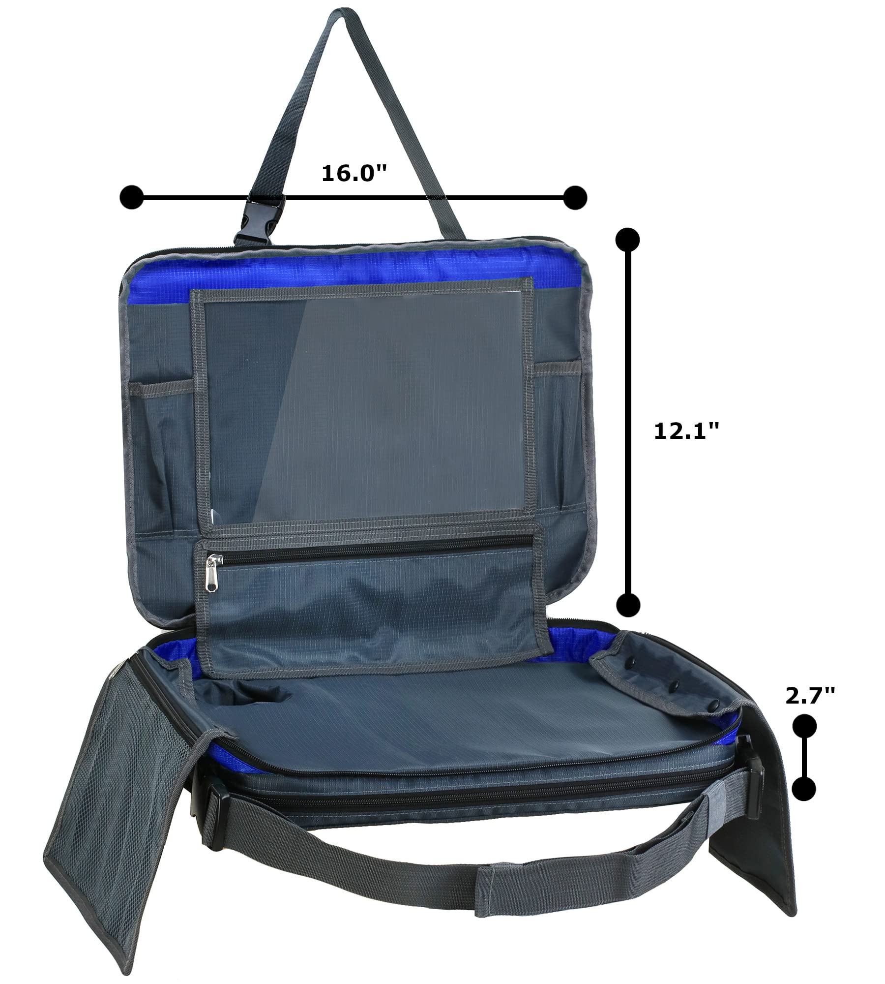 KeolaKids Kids Car and Booster Seat Travel Tray Organizer with Detachable Top, Lap Tray, Updated Headrest Straps, Zippered Storage, Tablet holder with Charger Openings (Blue)