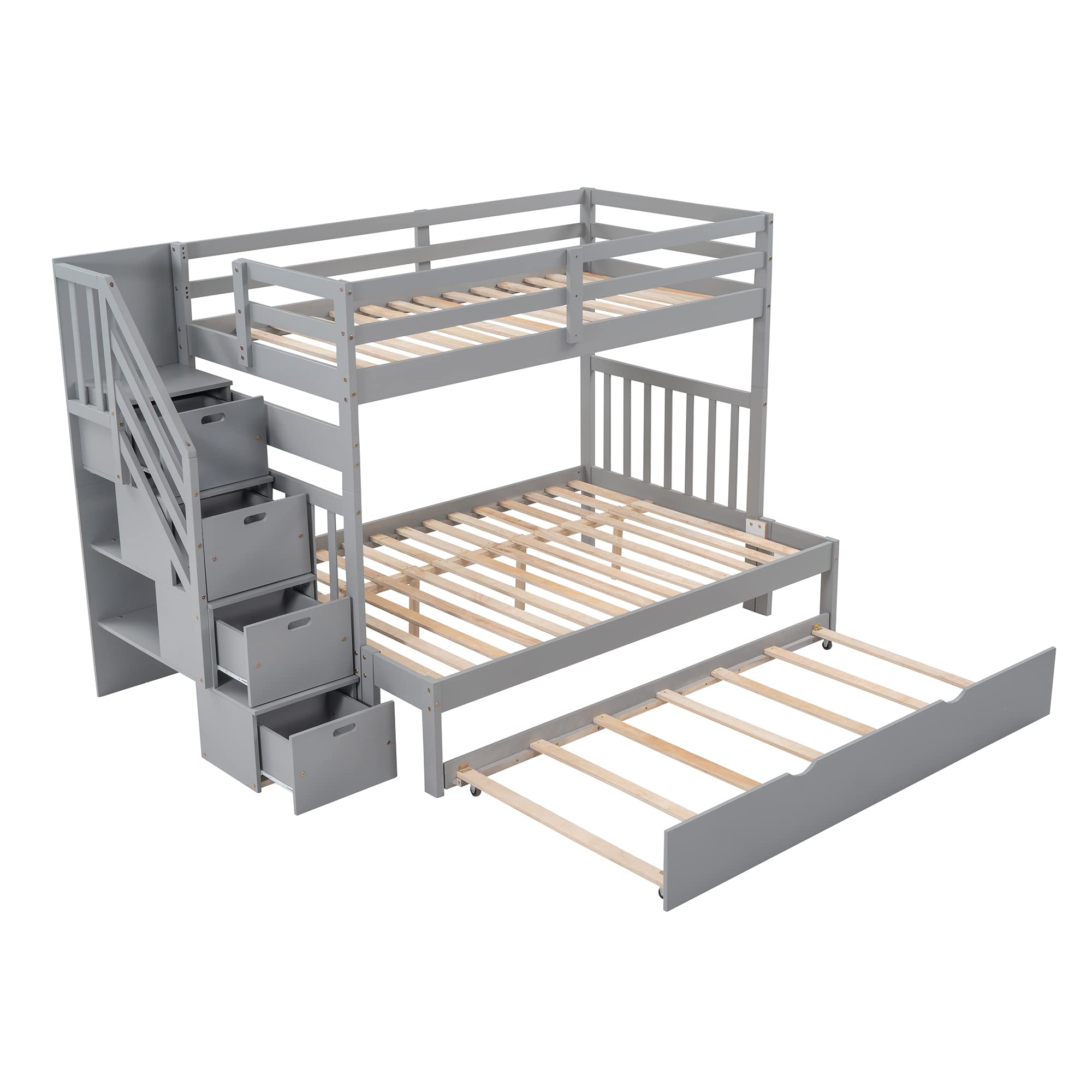 BIADNBZ L-Shaped Triple Bunk Bed for 3 Twin Size with Two Drawers and Built-in Stepladders for Kids/Teens,Gray