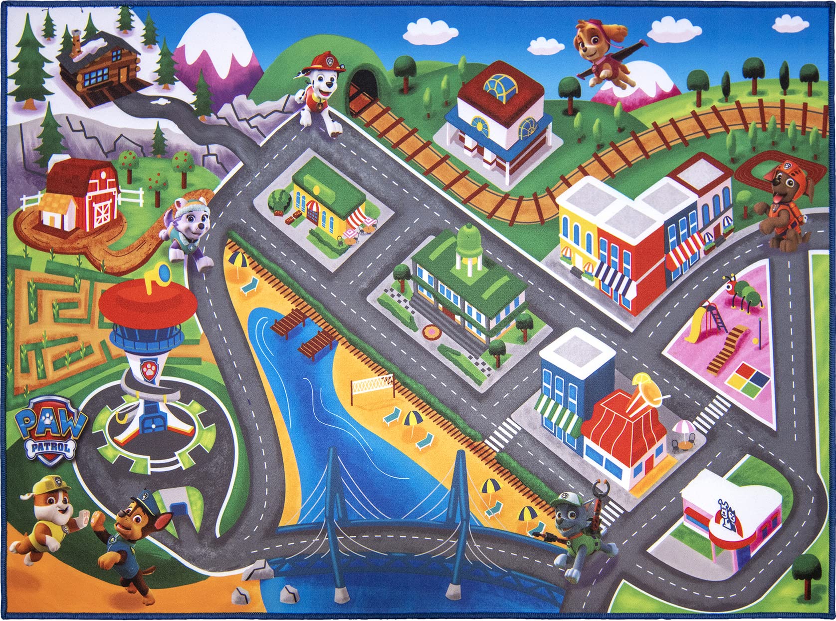 Gertmenian Nickelodeon Paw Patrol Town Tower Interactive Rug Includes 2x Cars feat. Chase and Marshall Suitable for Classroom, Nursery, Bedroom, or Play Area 40x54in Medium, 32500