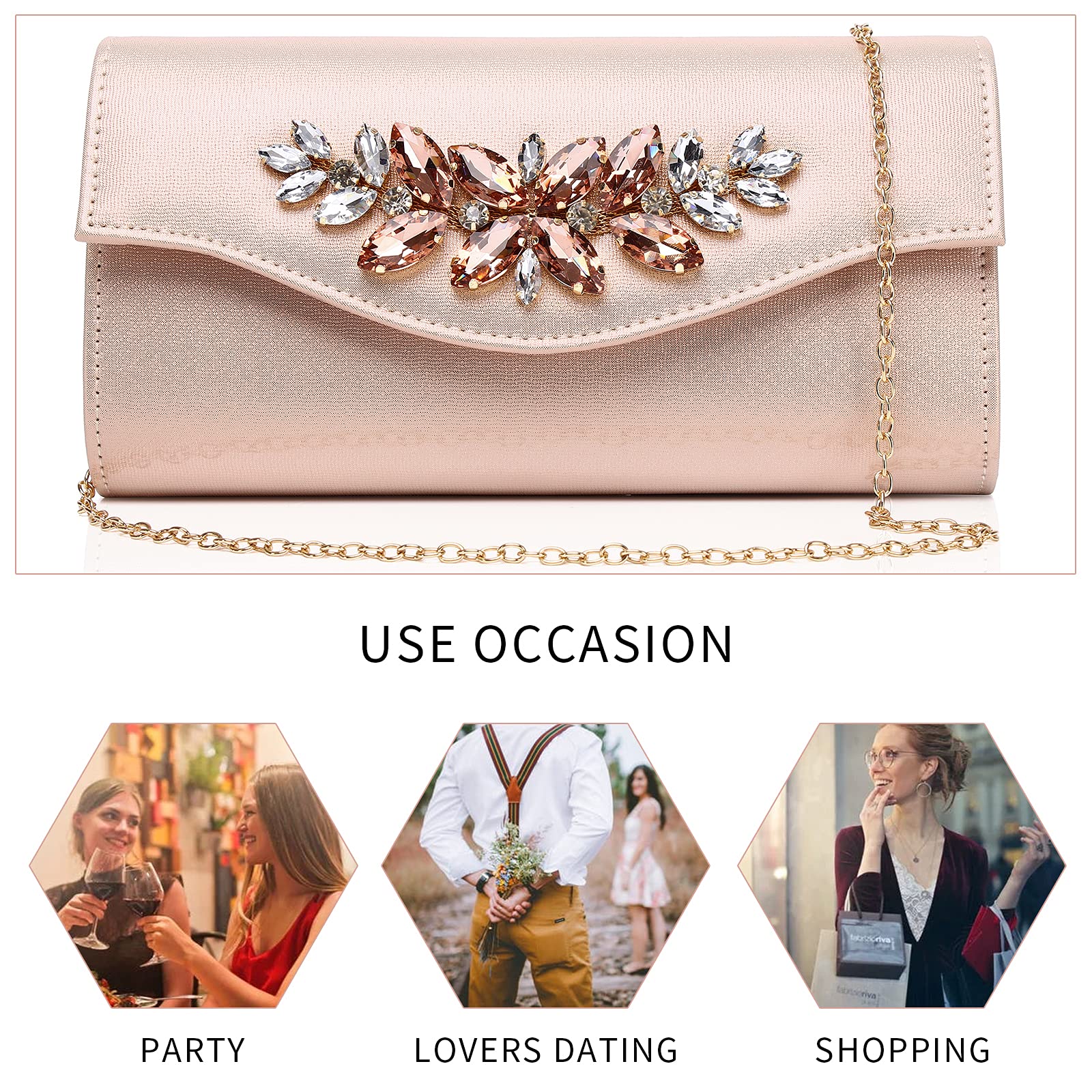 GESU Clutch Purses for Women Bling Rhinestone Evening Bag Wedding Formal Dress Purses Handbag,Gold.