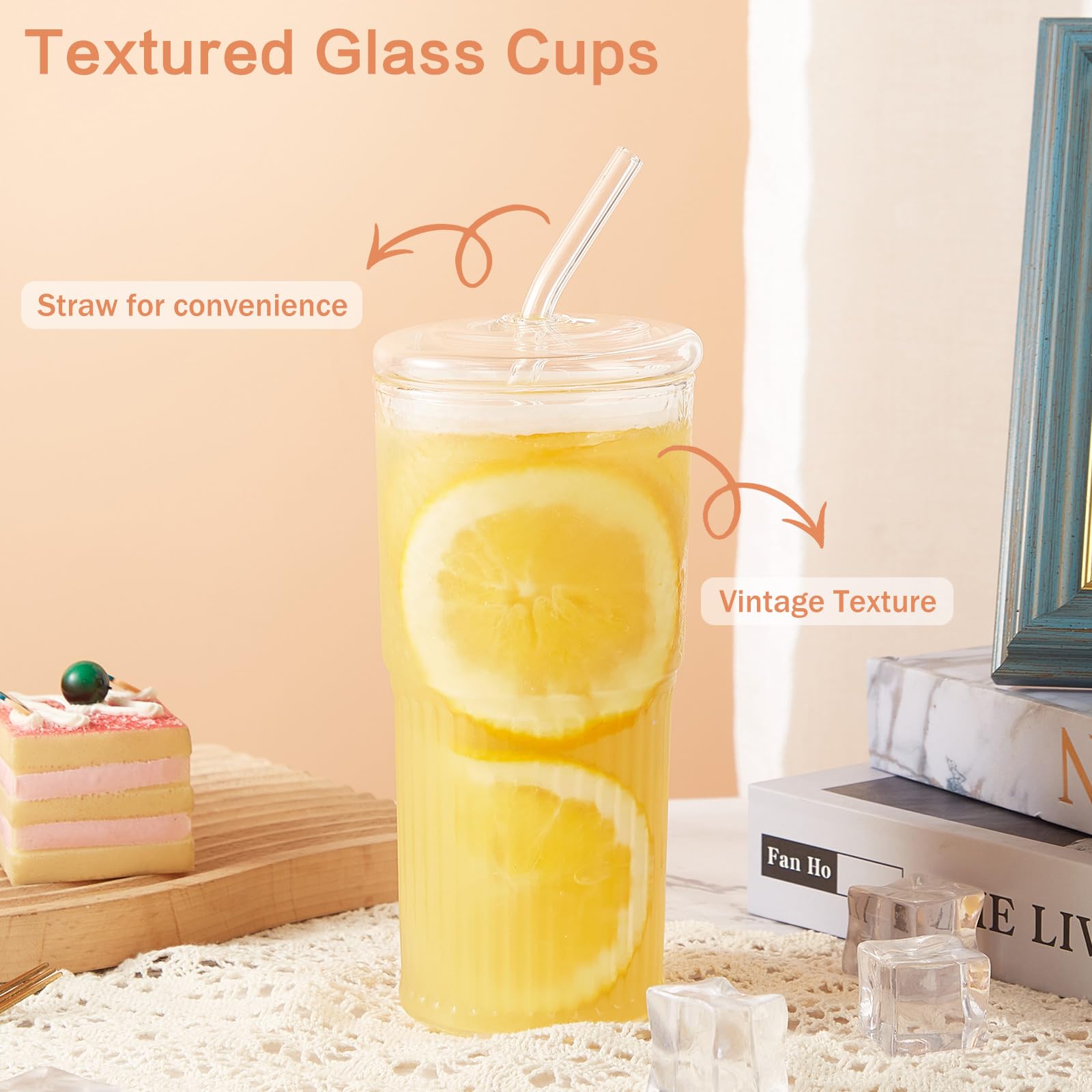 GOSCHE Glass Cups with Straws and Lids 2Pcs, 20oz Glass Cups Drinking Jar, Clear Iced Coffee Cups, Vintage Ripple Glassware for Water Coffee Tea, Clear