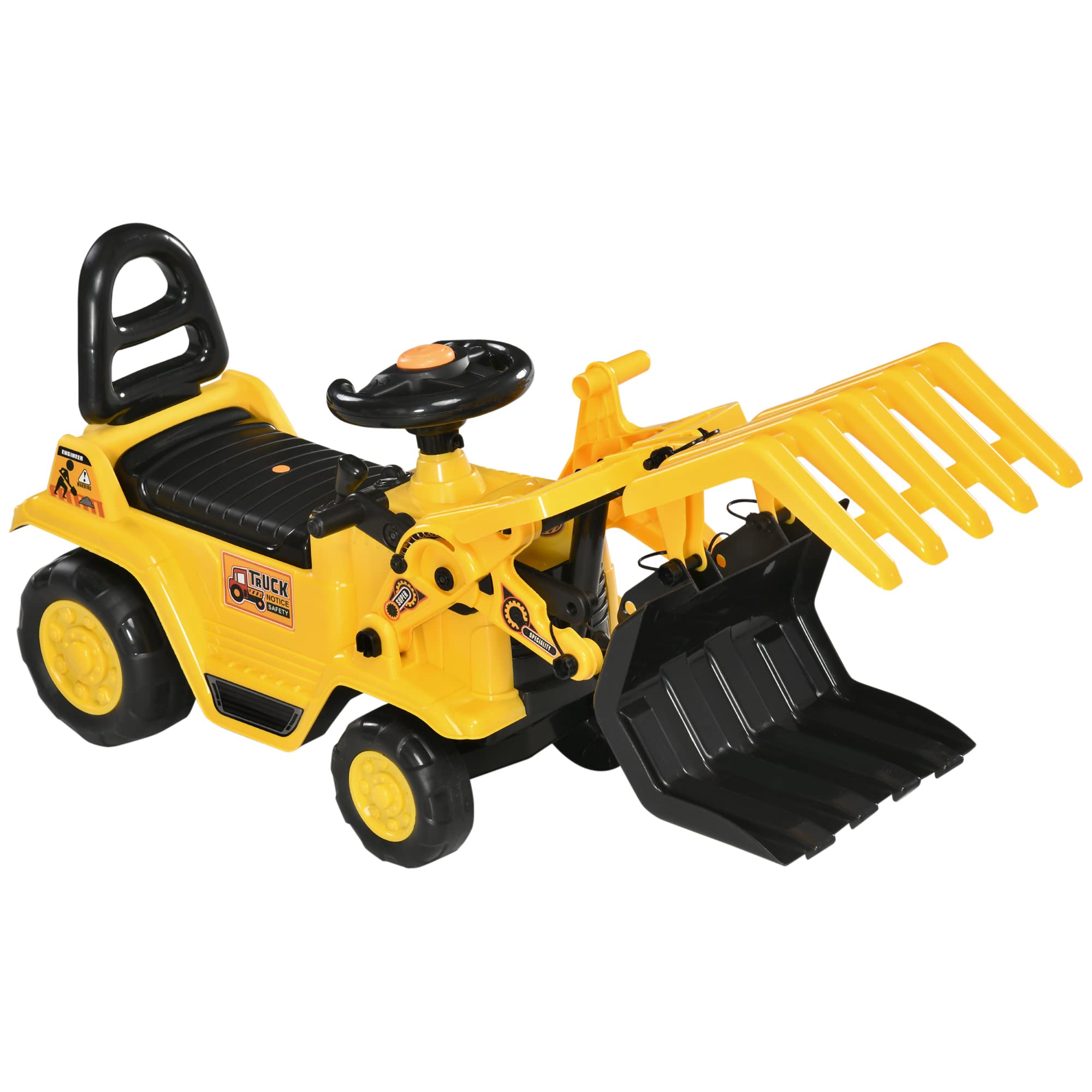 Aosom Kids Ride on Excavator Pulling Cart with Sound Effects, No Power Digger Scooter Ride-on Toy Construction Vehicle for Toddler or Preschool Age with Under-Seat Storage, Treaded Wheels