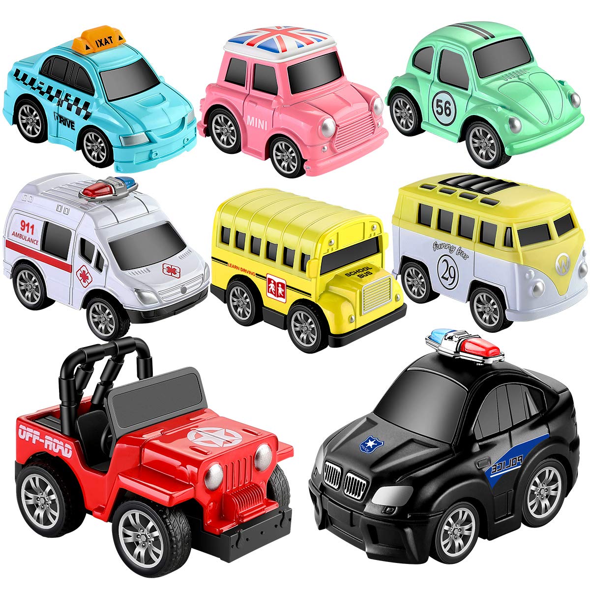 Geyiie Toys Pull Back Vehicles, Car Toy Play Set, Friction Powered Die-cast Small Cars Trucks for Boys Toy Girls Toddler Kids Party Favor Stuffers Fillers Age 3-8