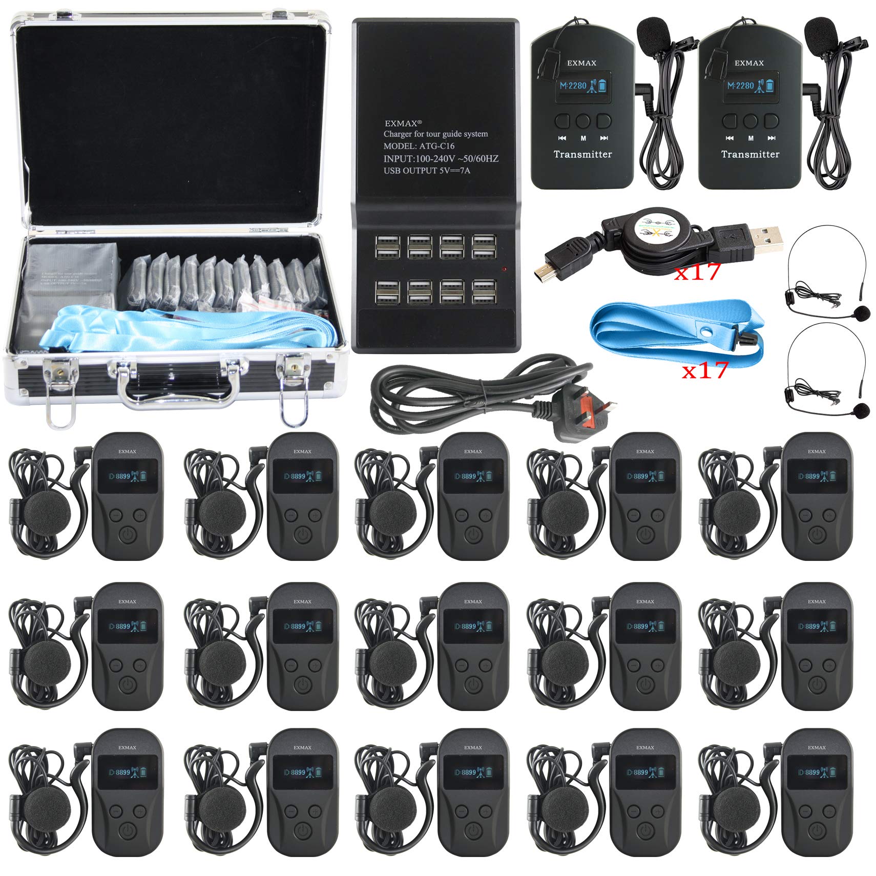 EXMAX EXD-101 2.4G Wireless Voice Transmission System Church Translation Equipment Translator Device for Tourism Museums - 2 Transmitters 15 Receivers & 16-Port Charge Station & Black Storage Case