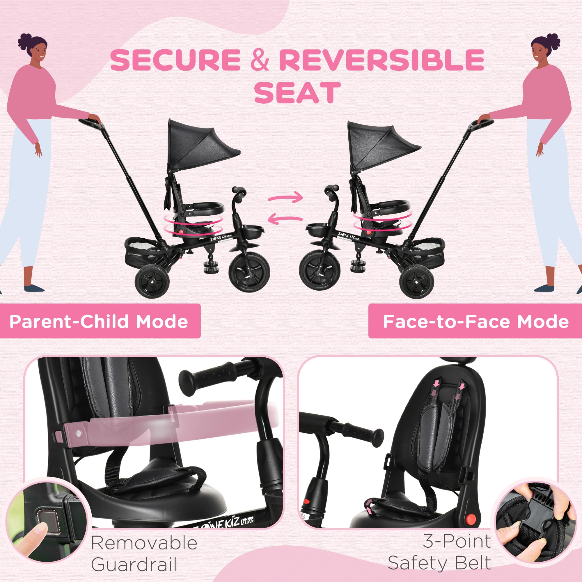 Qaba Kids Tricycle 4 in 1 Trike with Reversible Seat, 2.8'-3.1' Height Push Handle, Canopy, Handrail, Safety Belt, Storage Footrest Brake Clutch, for 1-5 Years Old, Black