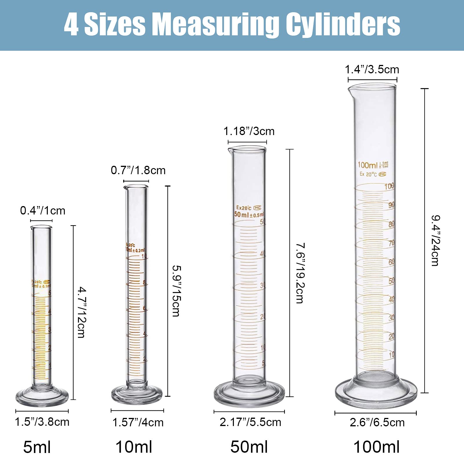 Thick Glass Graduated Measuring Cylinder Set 5ml 10ml 50ml 100ml Glass Measuring Beaker Set 50ml 100ml 250ml with 2 Glass Stirring Rods 12’’ Long 1/4’’ Diameter and 2 Brushes