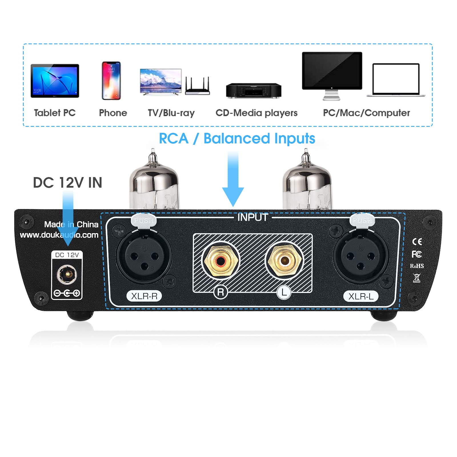 Douk Audio H2 Vacuum Tube Balanced Headphone Amplifier Amp with XLR, RCA, 6.35mm Ports and LED Display for Desktop Home Audio