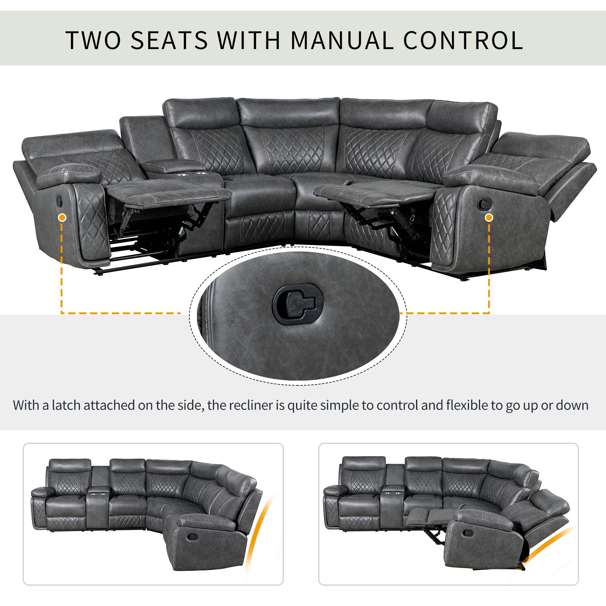 Manual PU Reclining Sectional Sofa Set, Adjustable Recliner Sofa with Cup Holder and Hide-Away Storage for Living Room